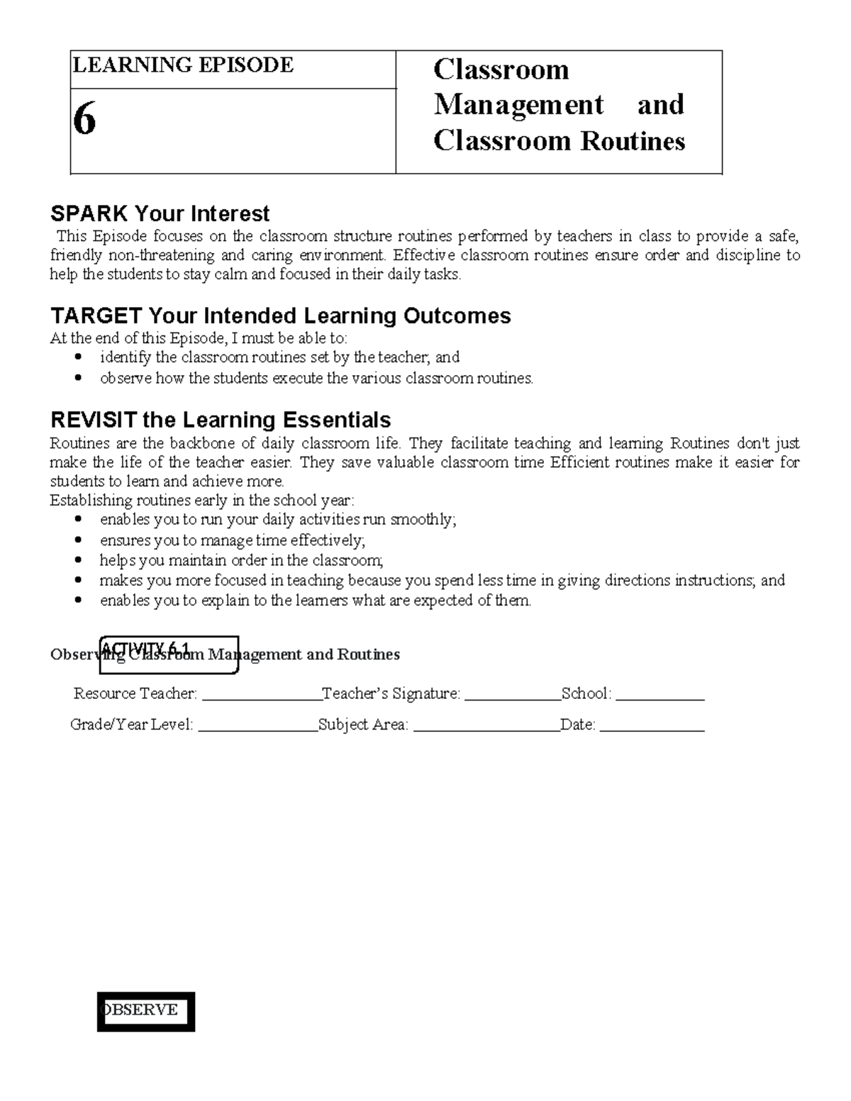 Edited Learning Episode 6 - LEARNING EPISODE Classroom Management and ...