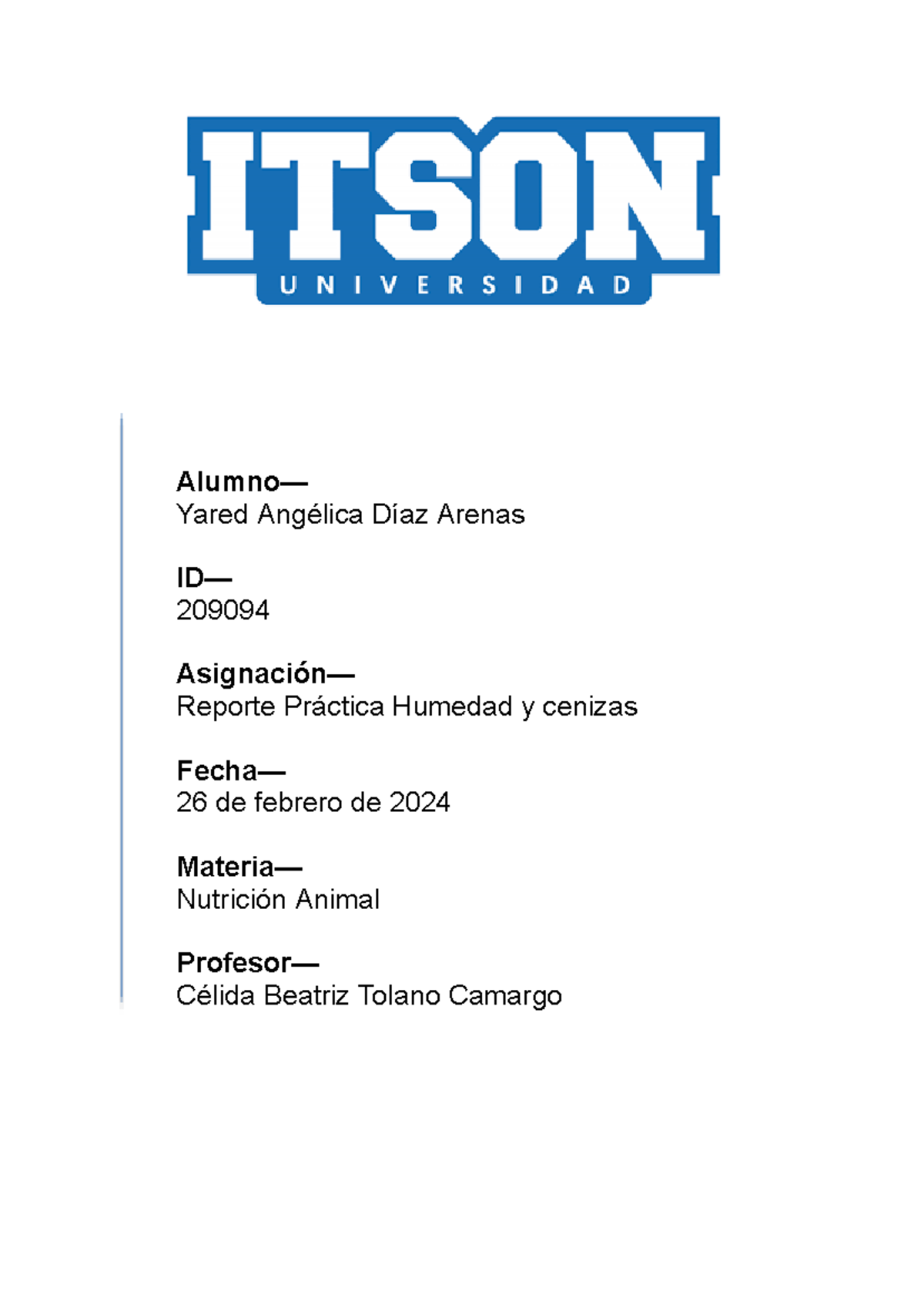 Reporte cenizas y humedad Yared Díaz Arenas 209094 - Alumno— Yared ...