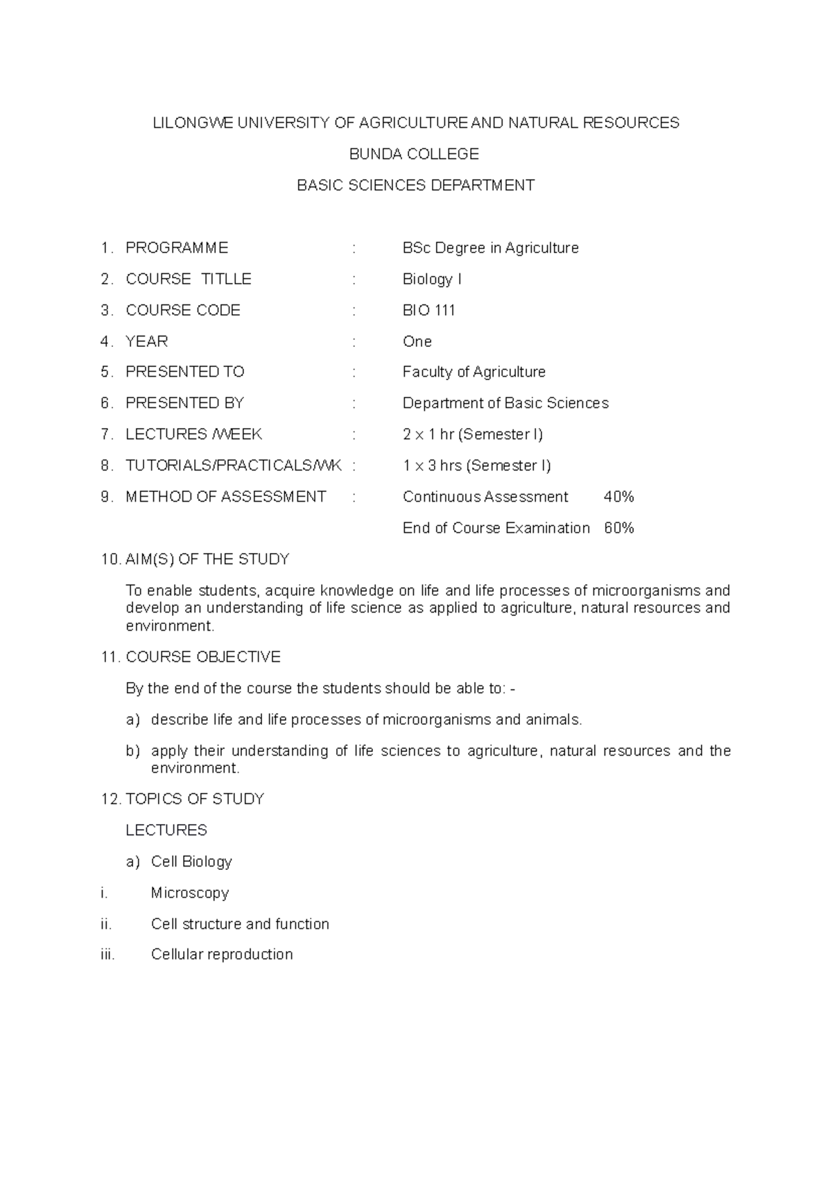 BIO 111 Course outline - LILONGWE UNIVERSITY OF AGRICULTURE AND NATURAL ...