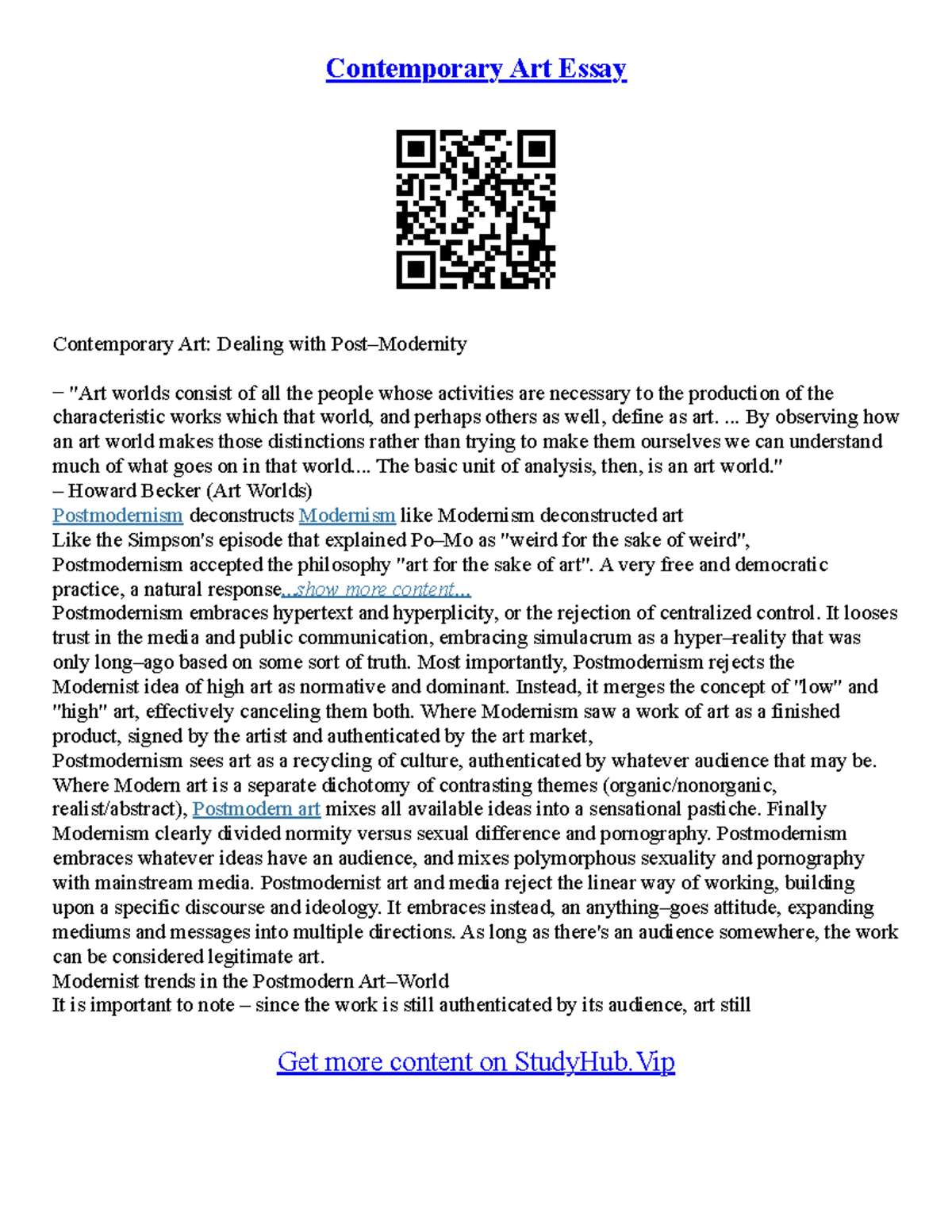 Contemporary Art Essay - Contemporary Art Essay Contemporary Art ...