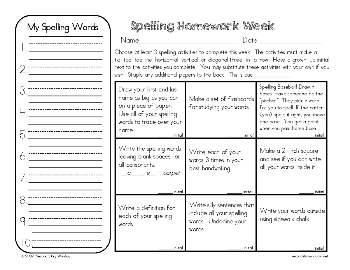 Spelling tic tac toe week 3 - Spelling Homework Week Name ...