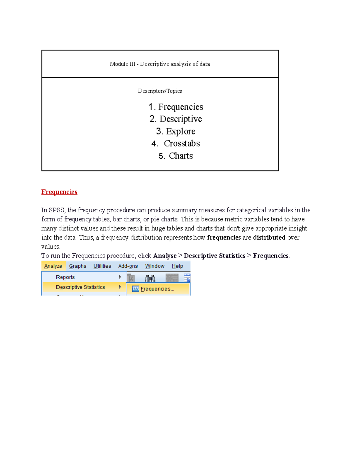 SPSS Module 3 - notes - Module III - Descriptive analysis of data ...