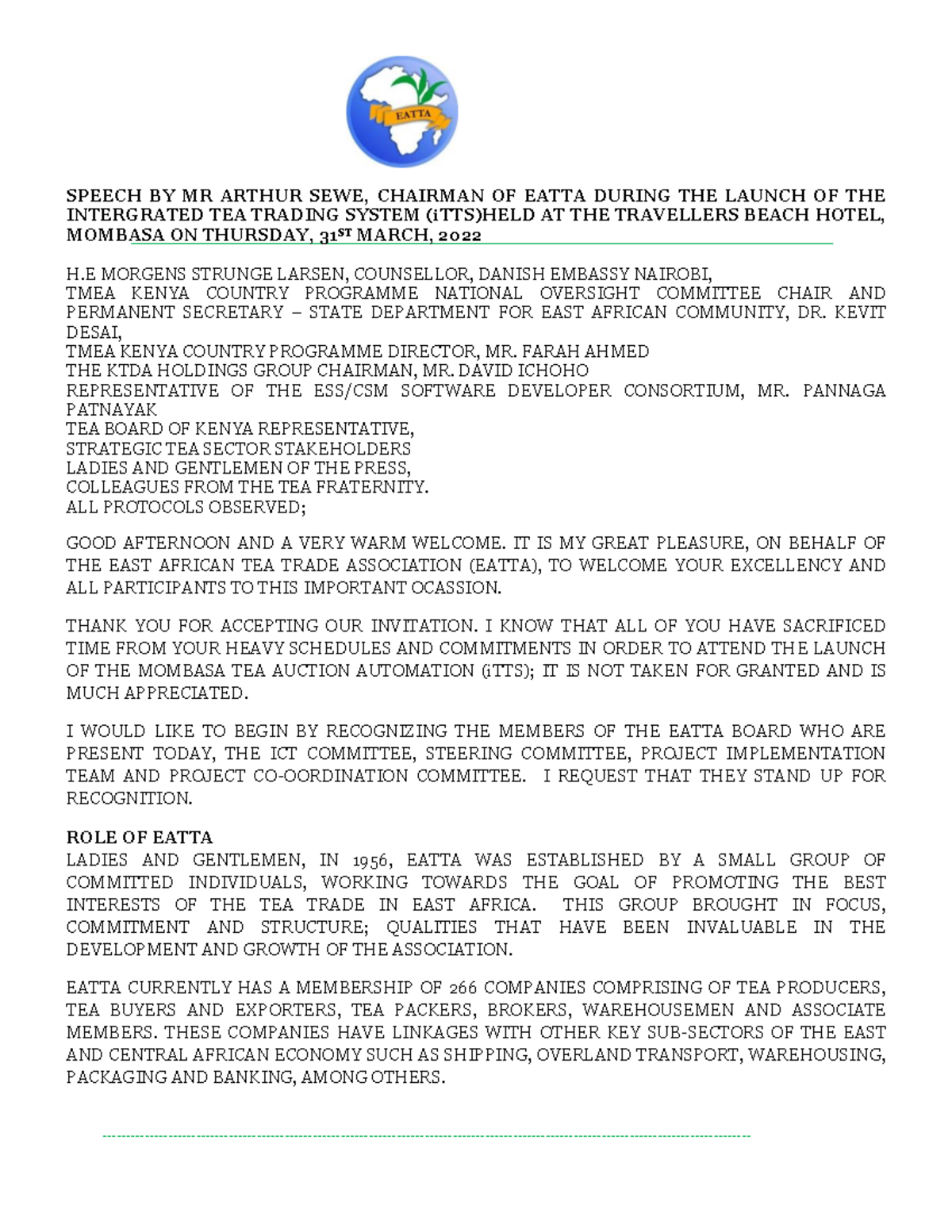 Eatta Chairmans Speech -Mombasa Tea Auction Automation Launch - 31-3 ...