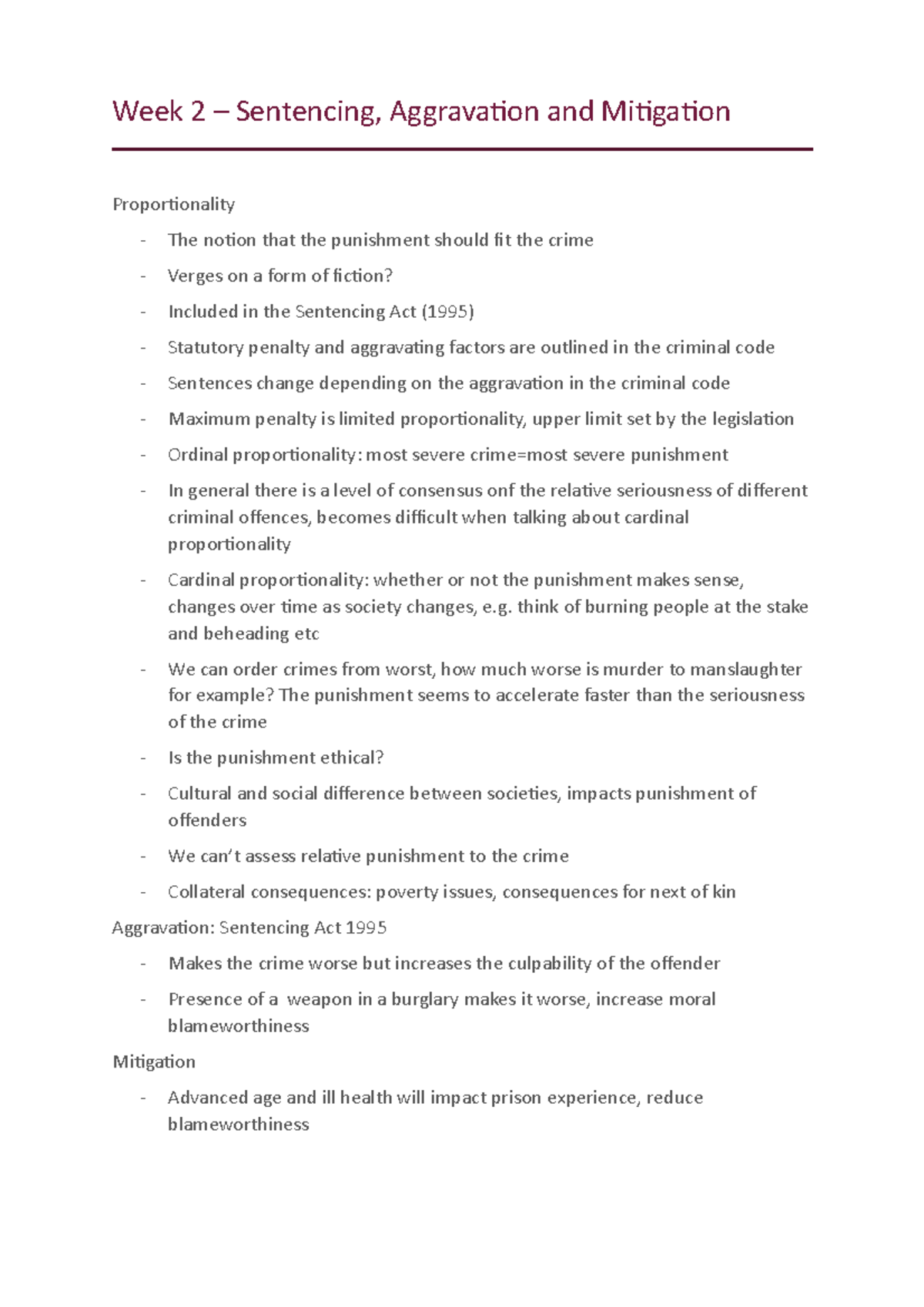 Week 2 Lecture Notes - Week 2 – Sentencing, Aggravation and Mitigation ...