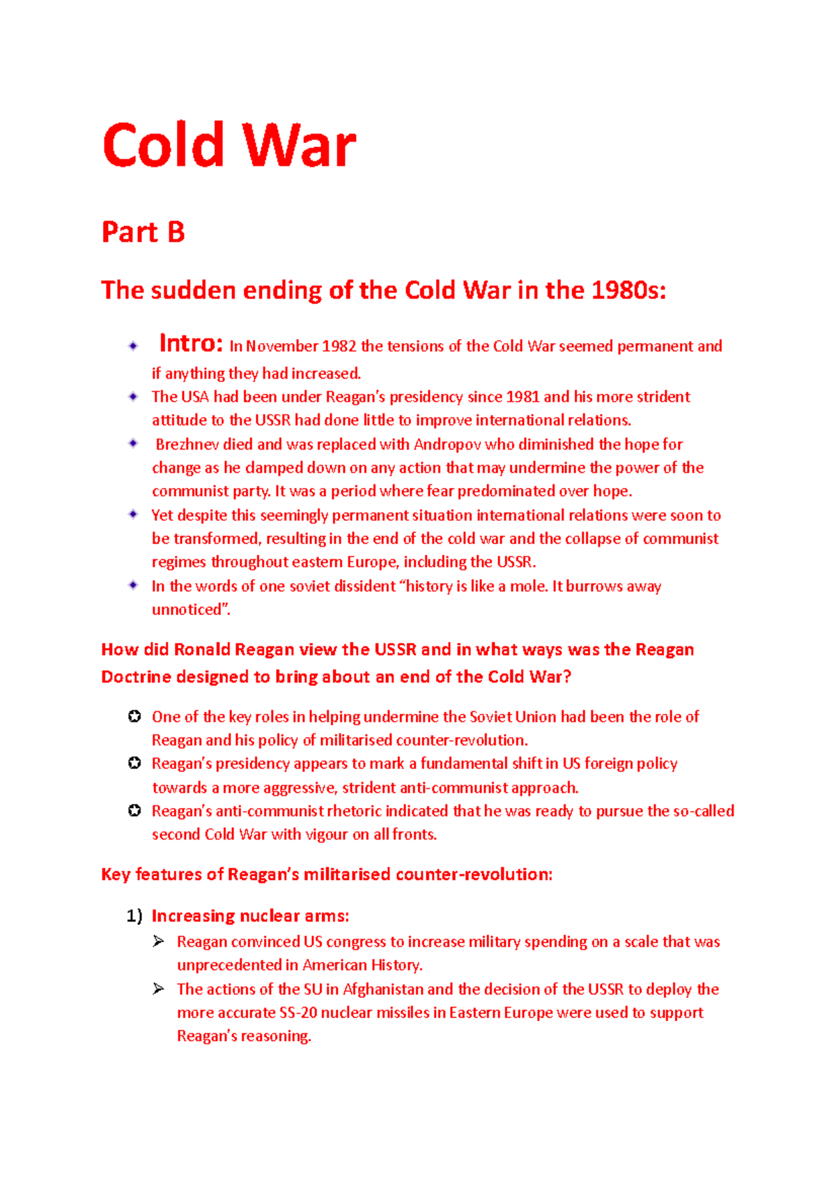 Cold War part B revision - Cold War Part B The sudden ending of the ...