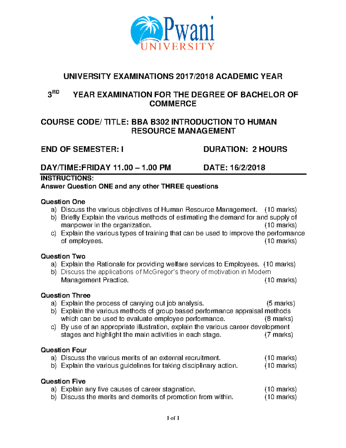 BBA B302 Introduction TO HRM - 1 of 1 UNIVERSITY EXAMINATIONS 2017/2018 ...