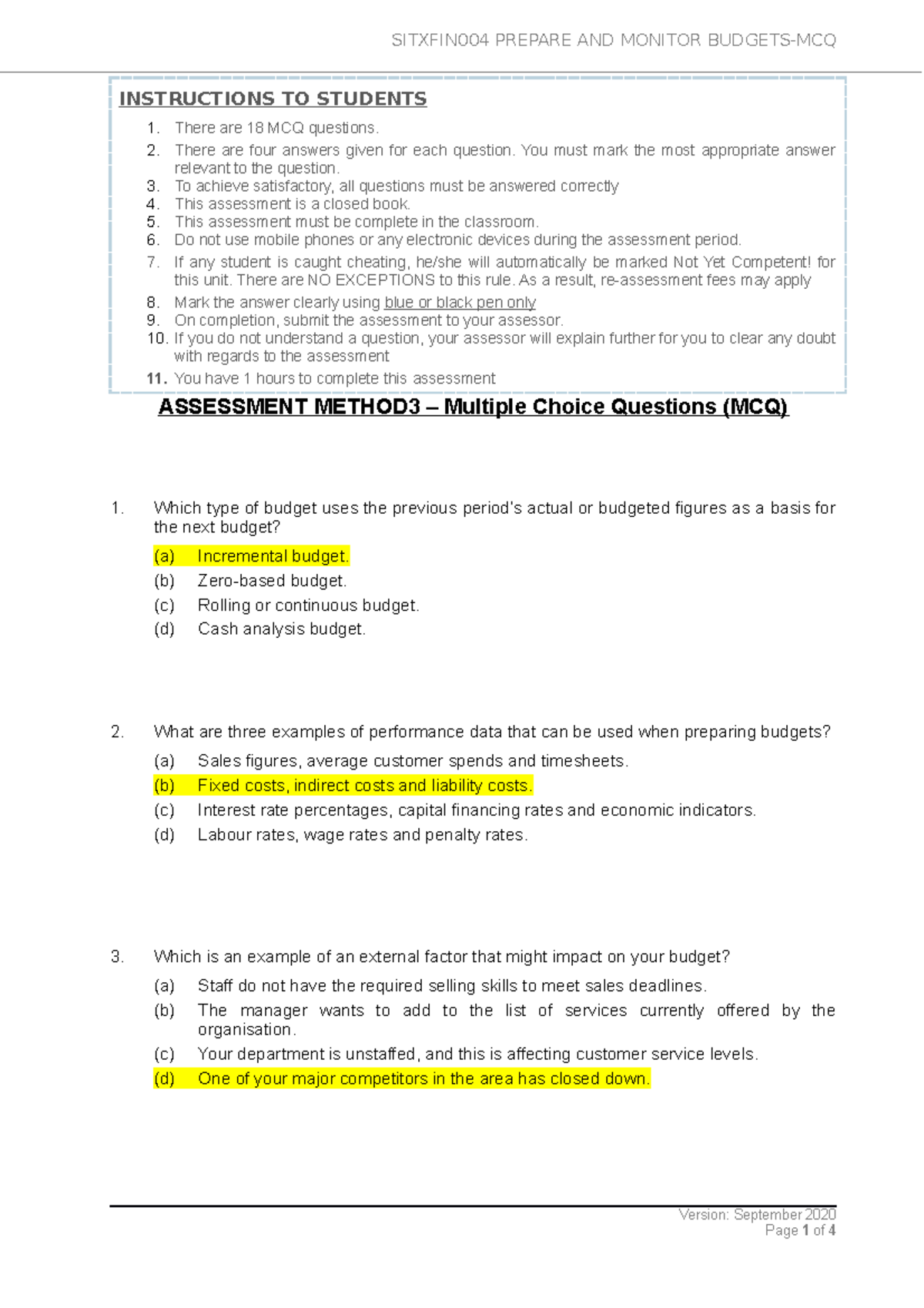 3 Sitxfin 004 MCQ V92020 - INSTRUCTIONS TO STUDENTS There are 18 MCQ ...