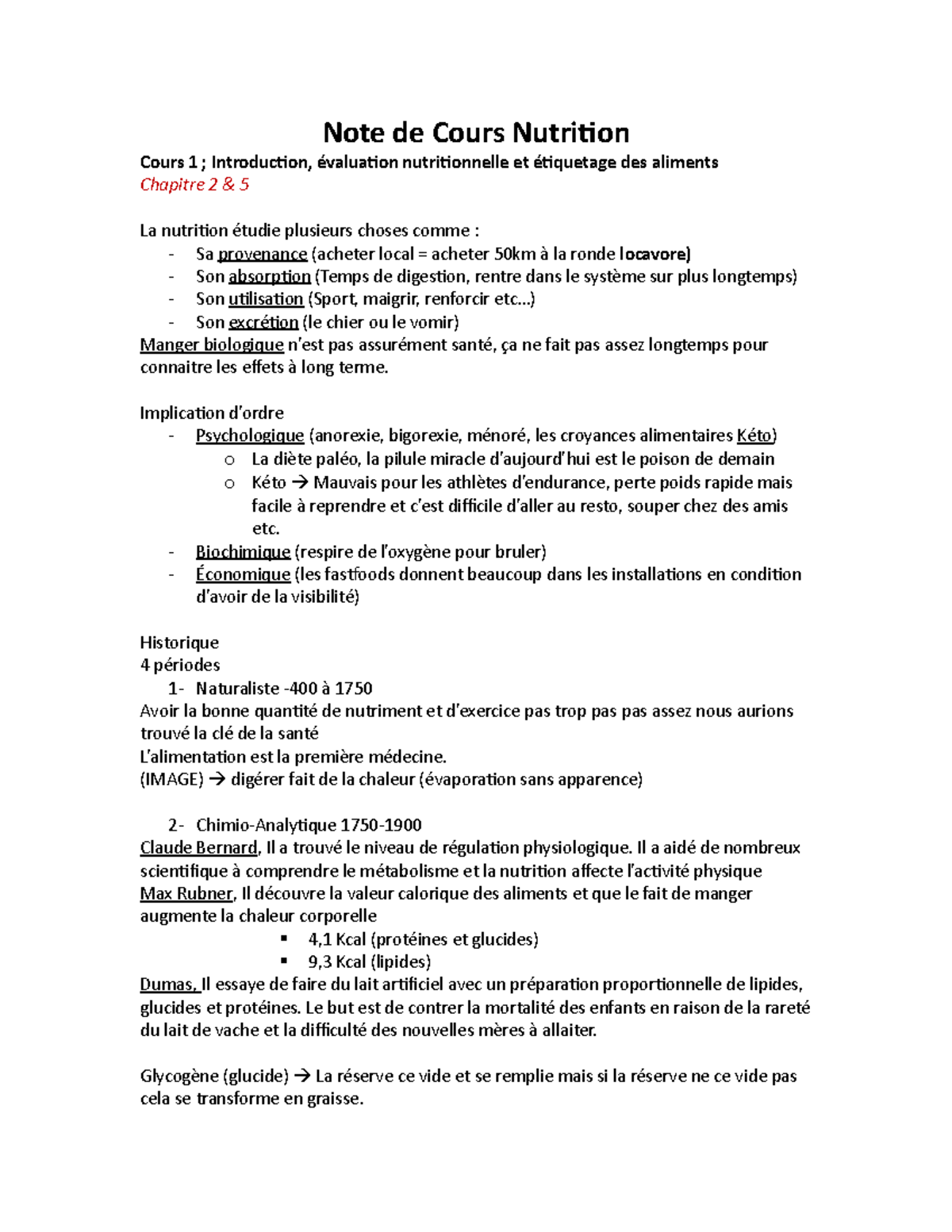Nutrition - Note de cours avant examen intra - Note de Cours Nutrition Cours 1 ; Introduction ...