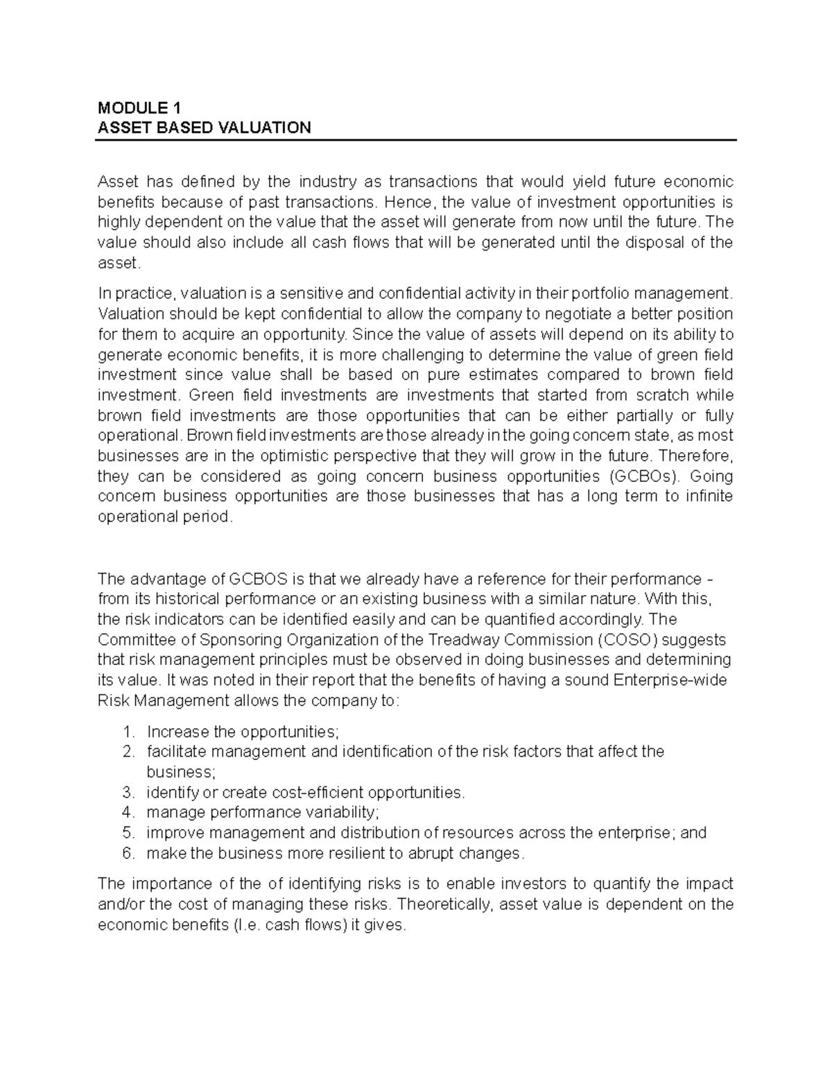 Module 1 Asset Based Valuation Week 1 3 - MODULE 1 ASSET BASED VALUATION Asset has defined by ...