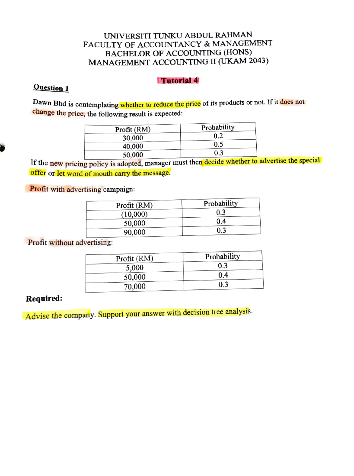MA2-T4 - Tutorial 4 - Management Accounting ii - UTAR - Studocu