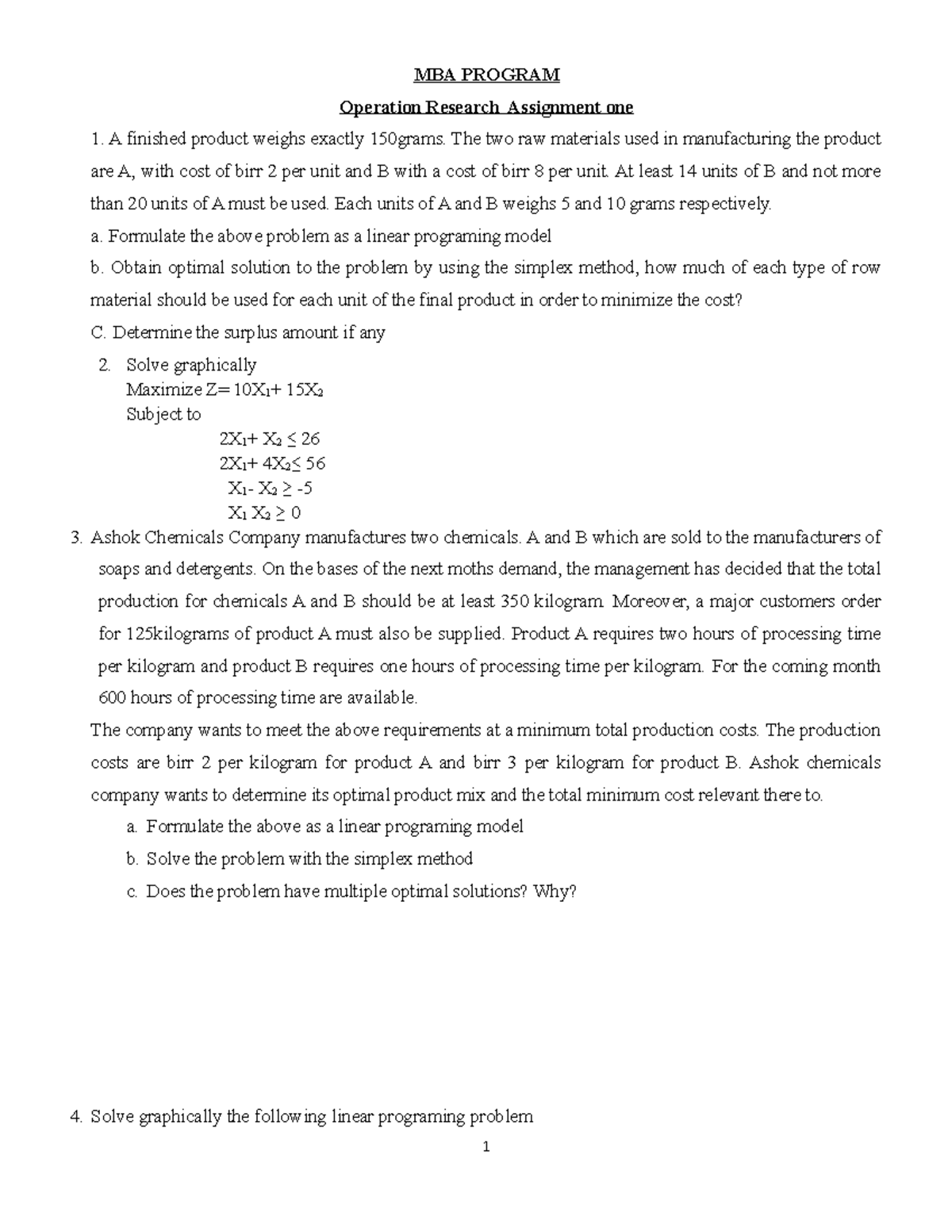 Operations Research worksheet one - MBA PROGRAM Operation Research ...