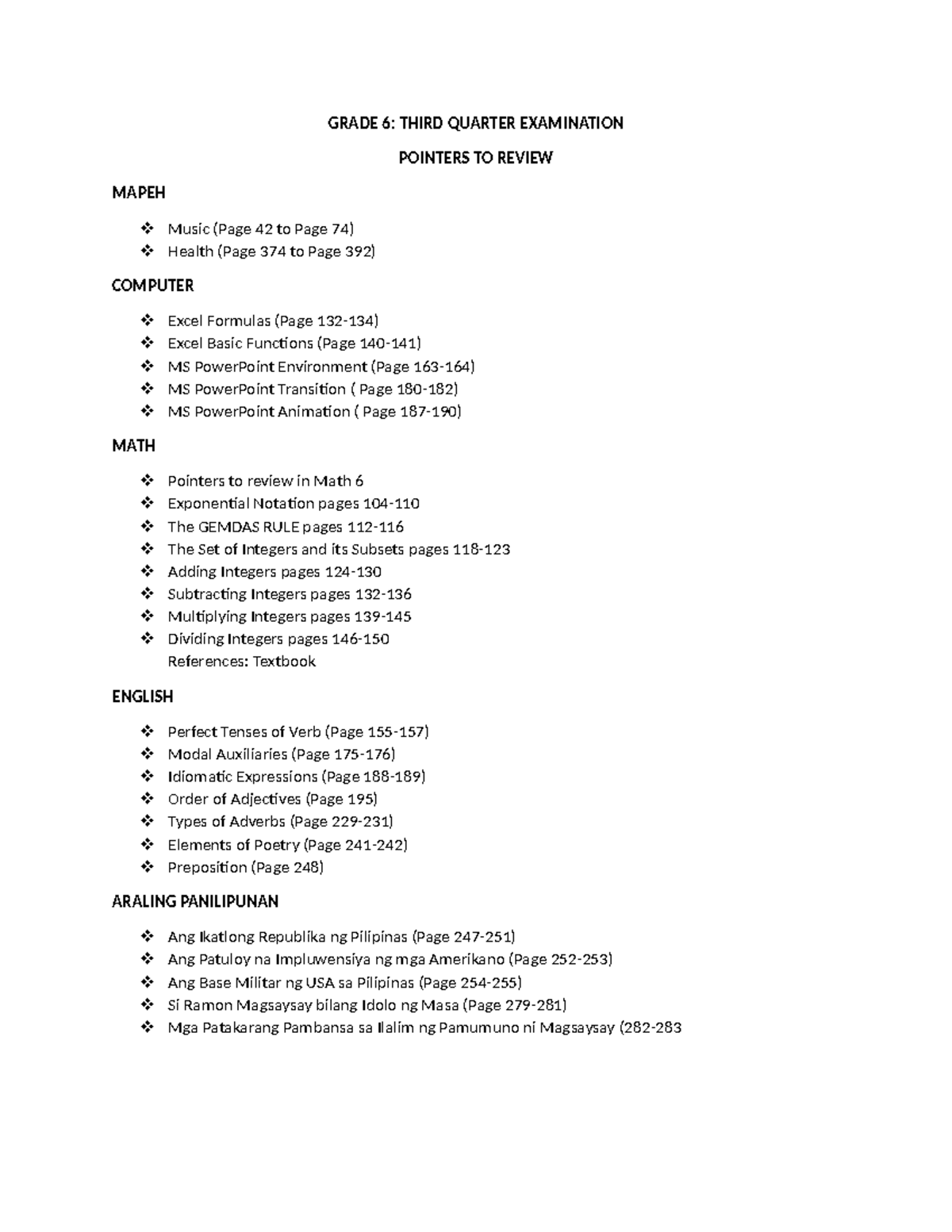 3RD Quarter Examination Pointers - GRADE 6: THIRD QUARTER EXAMINATION POINTERS TO REVIEW MAPEH ...