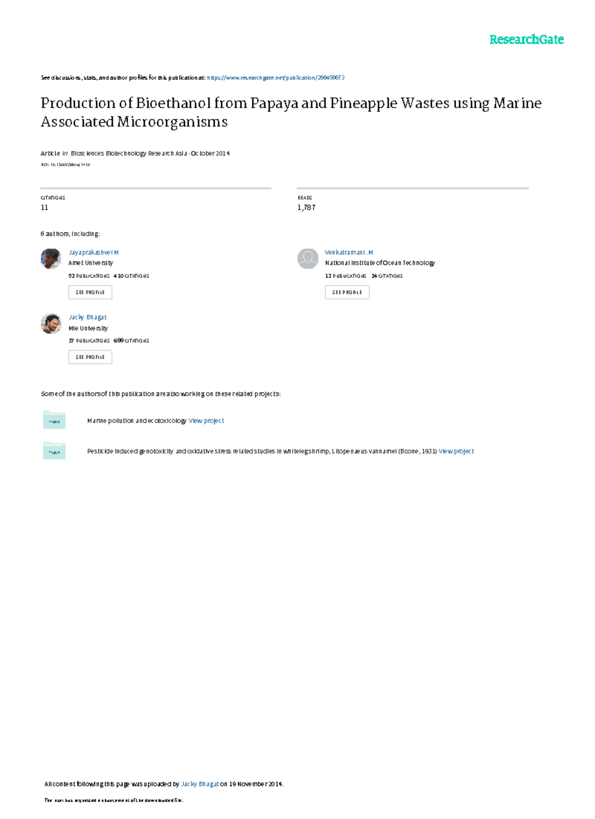 Production of Bioethanol from Papaya and Pineapple Wastes using Marine ...