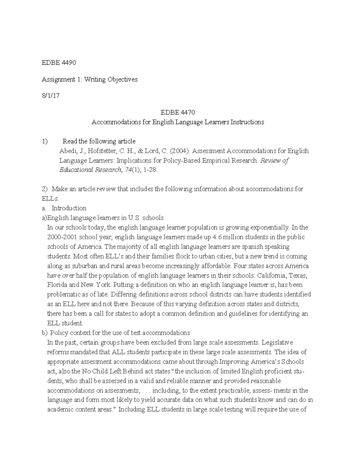 Accommodations for ELLS - Lisa Kramer Savanna Hickfang EDBE 4490 ...