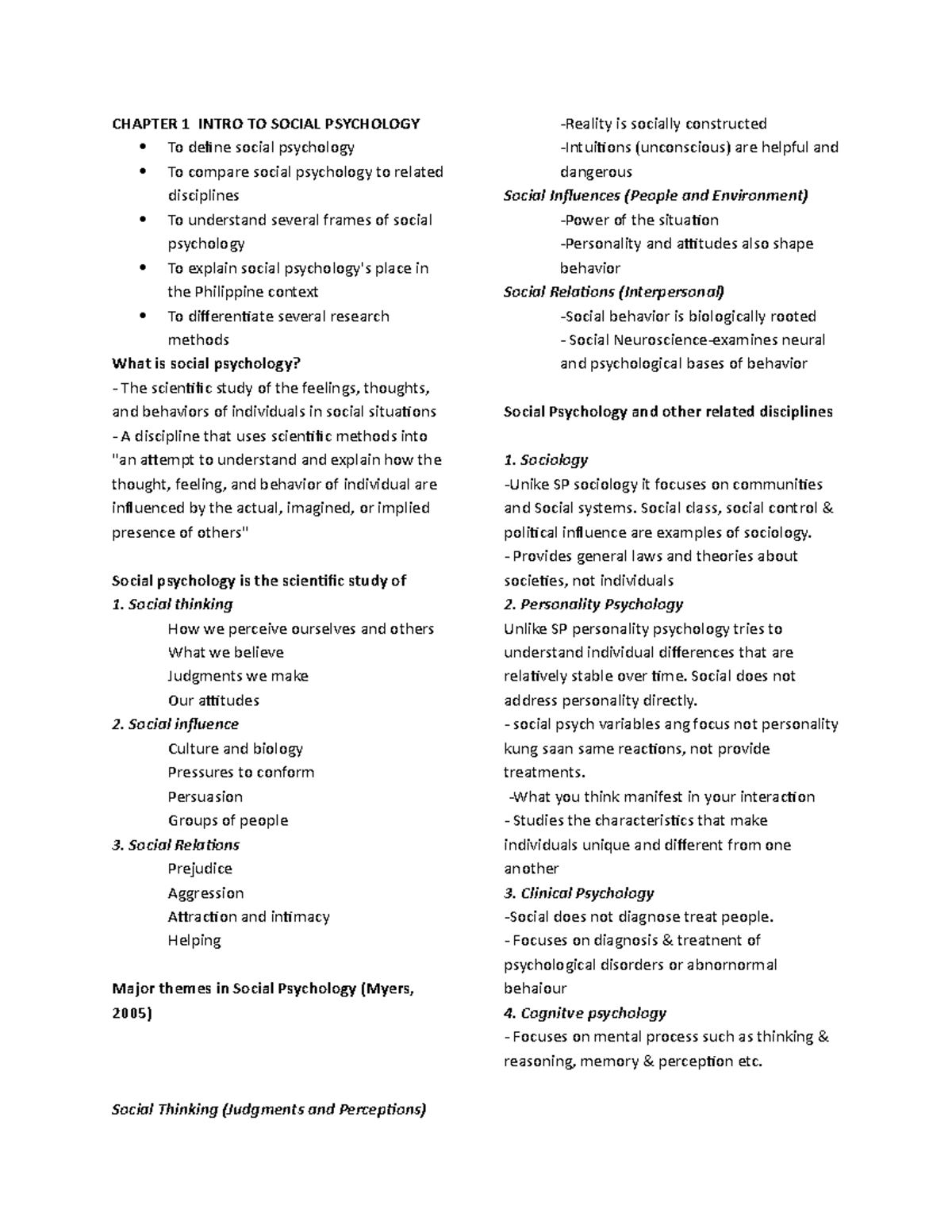 Social Psychology Reviewer - CHAPTER 1 INTRO TO SOCIAL PSYCHOLOGY To ...