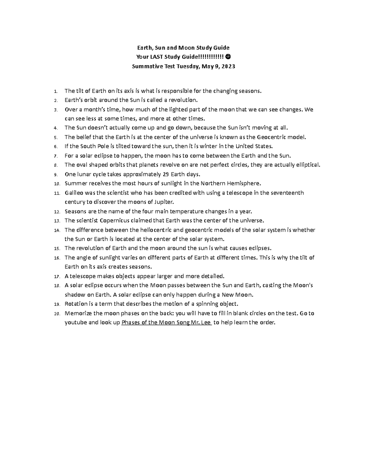 Study Guide - Teacher resources - Earth, Sun and Moon Study Guide Your ...