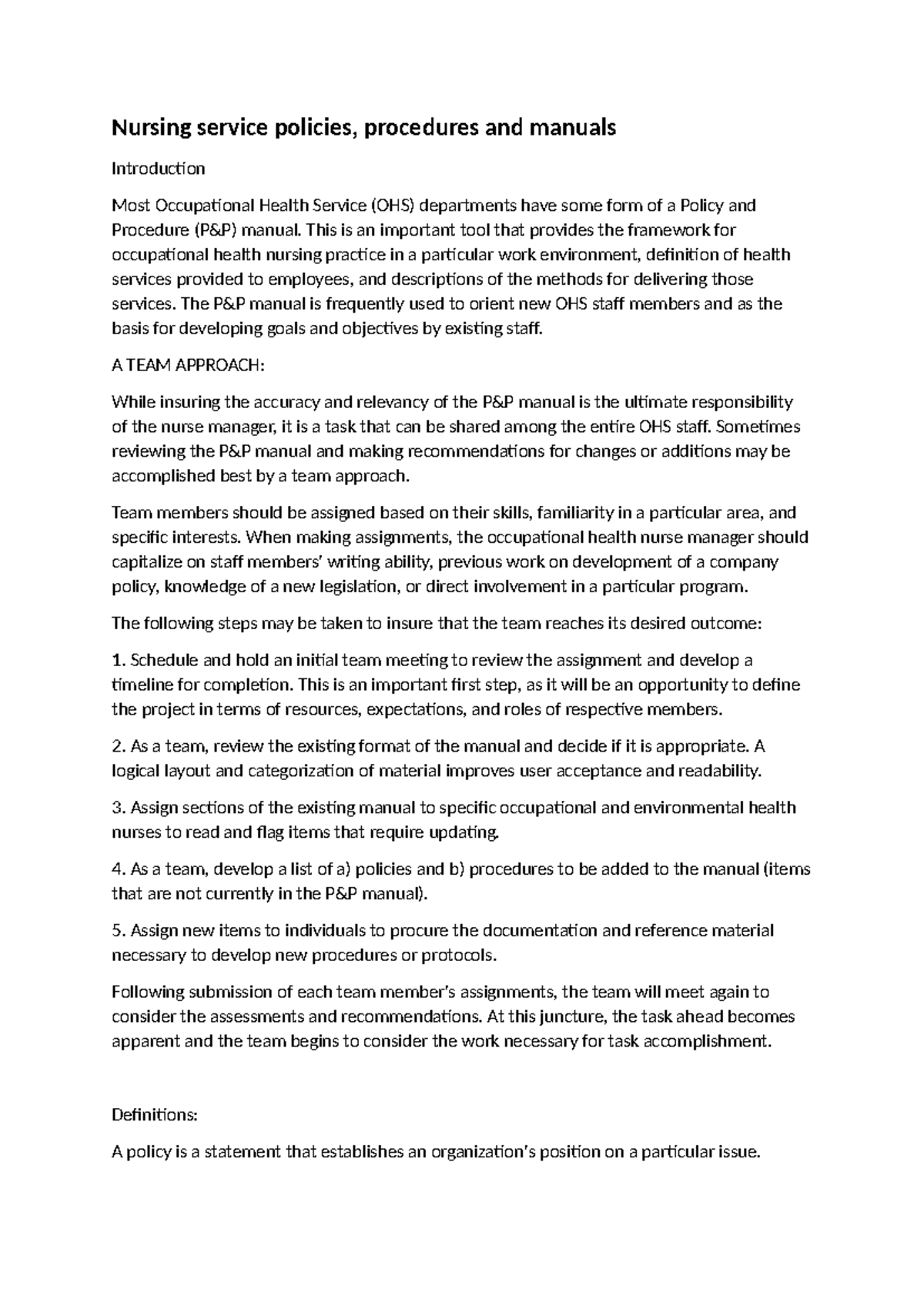 Nursing service policies - This is an important tool that provides the ...