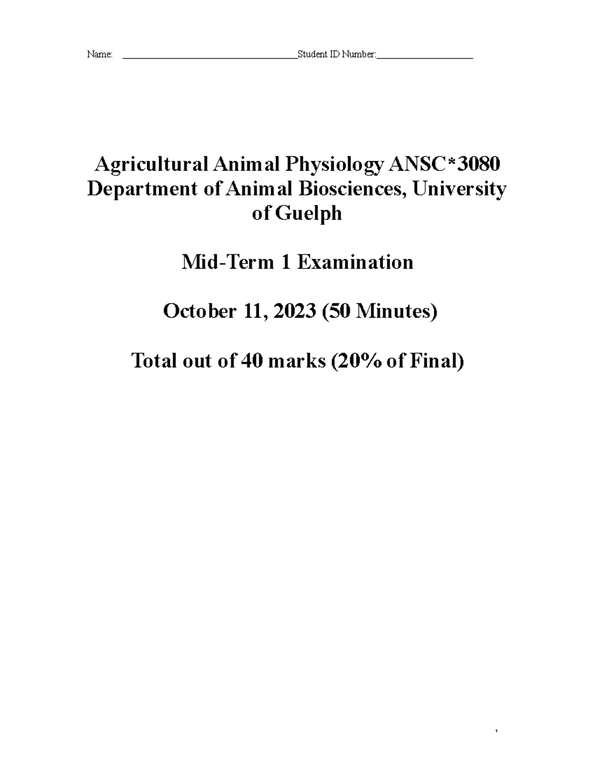ANSC 3080 Midterm 1 2023 answer keys - Agricultural Animal Physiology ...
