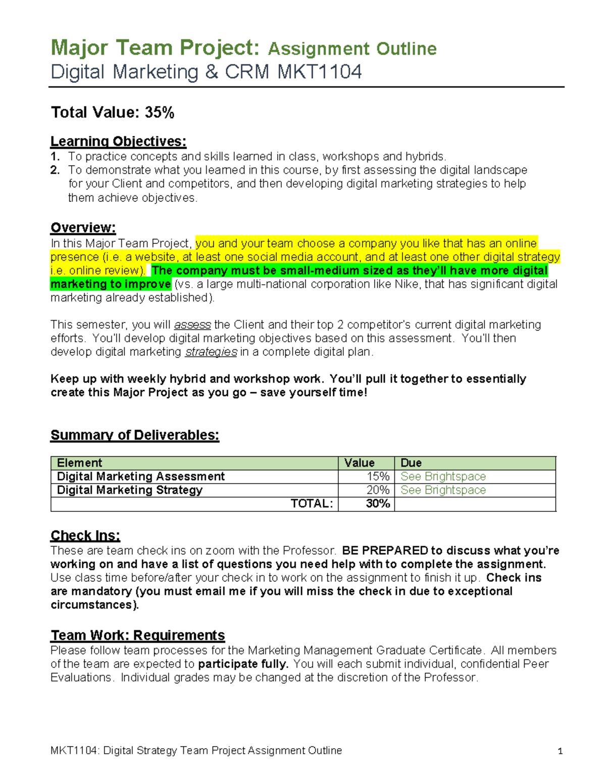 Major Team Project Assignment Outline & Rubric MKT1104 - MKT1104 ...
