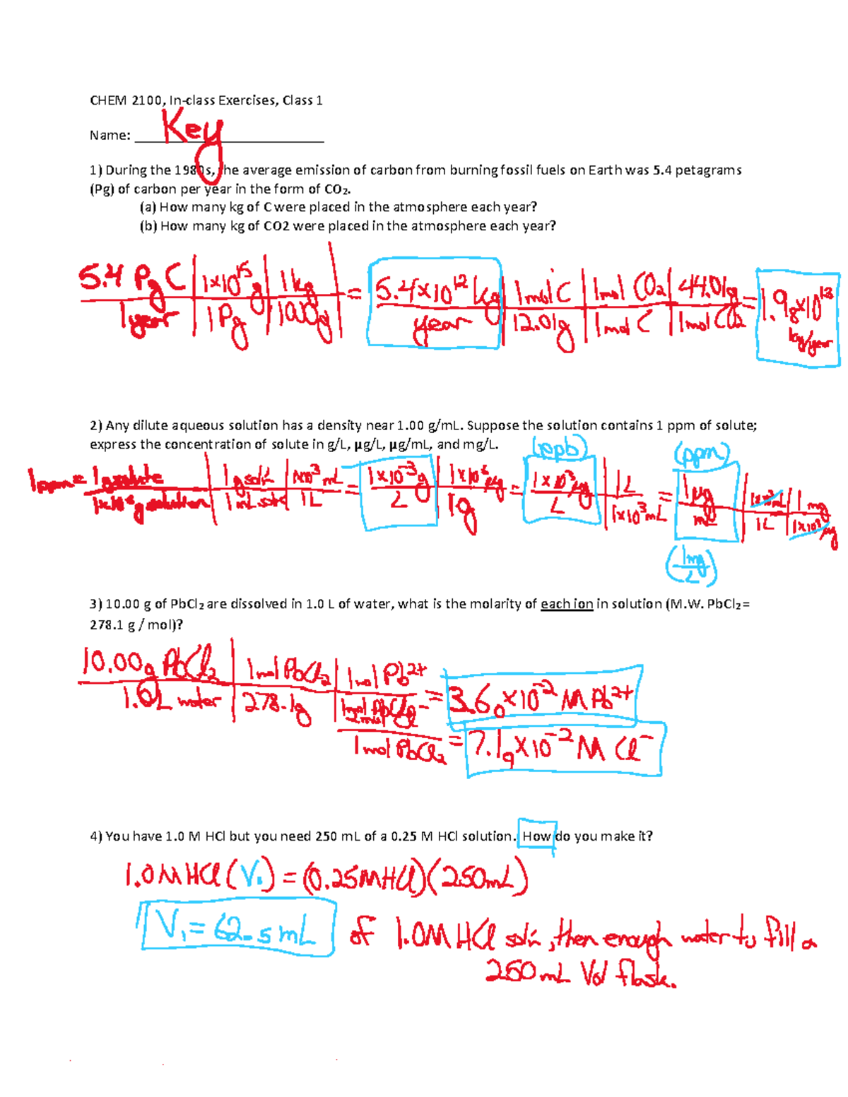 1, in class exercises, Ch 1 Units KEY - CHEM 2100, In-class Exercises ...