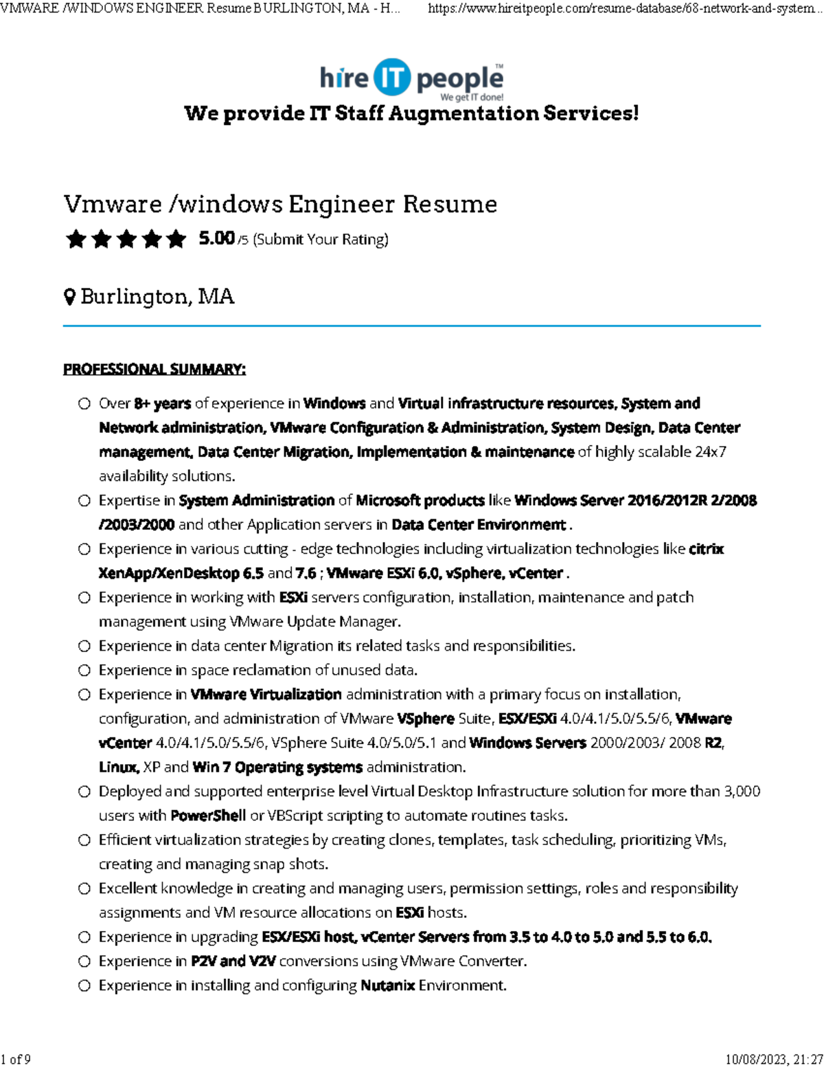 Vmware Windows Engineer Resume Burlington, MA - Hire IT People - We get ...