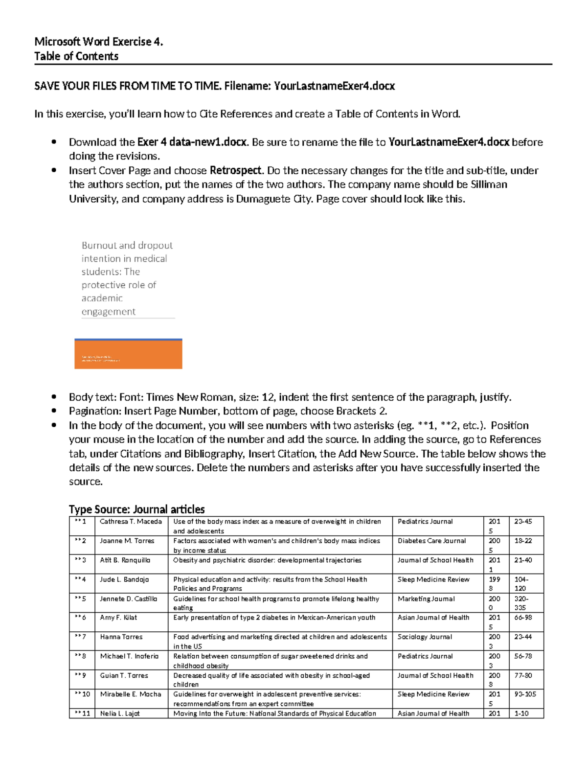 Table of Contents 2024b - Microsoft Word Exercise 4. Table of Contents SAVE YOUR FILES FROM TIME ...