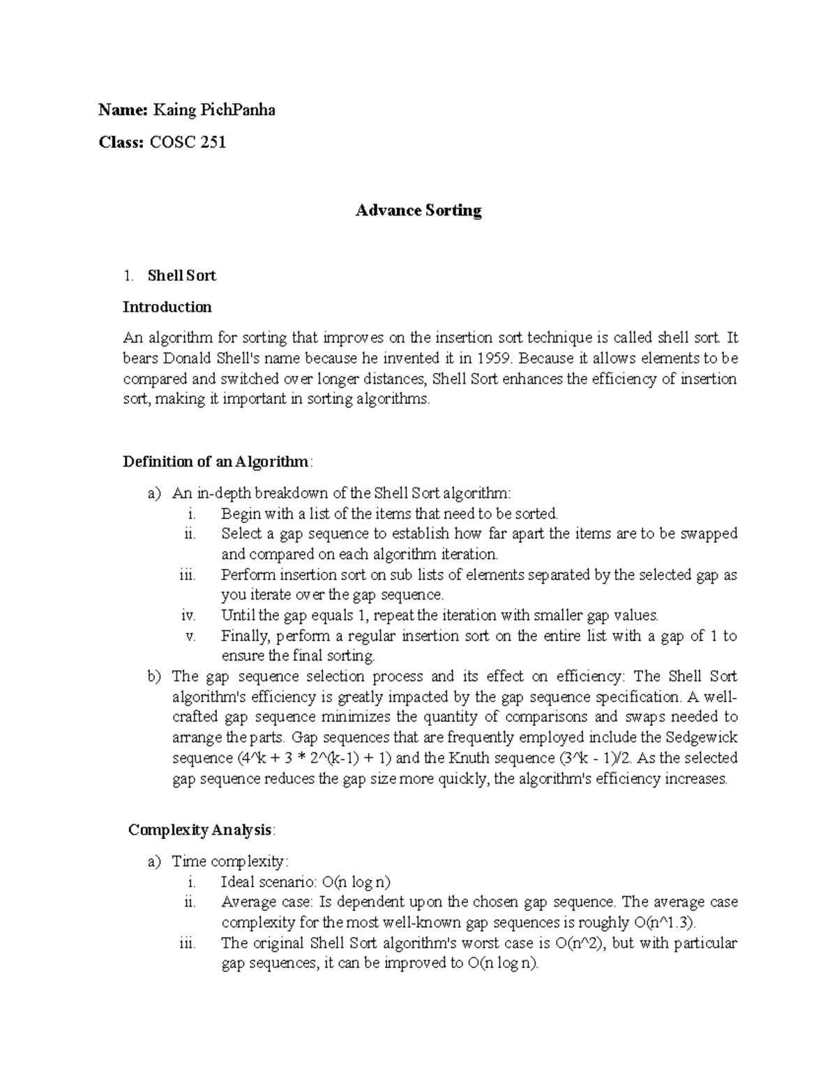 Advanced Sorting For Testing And Practice Name Kaing Pichpanha Class Cosc 251 Advance