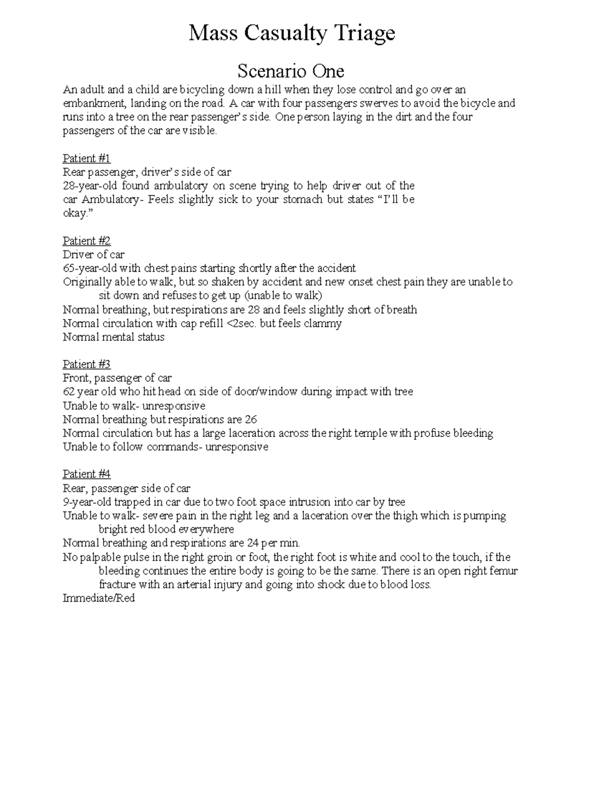 MCI Drill Sample Scenarios-Student Version - Mass Casualty Triage ...