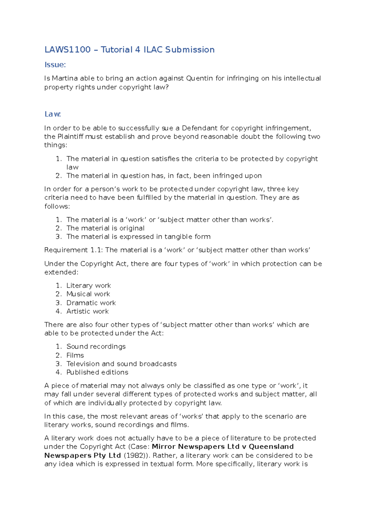 LAWS1100 - Tutorial 4 ILAC Submission - LAWS1100 – Tutorial 4 ILAC ...
