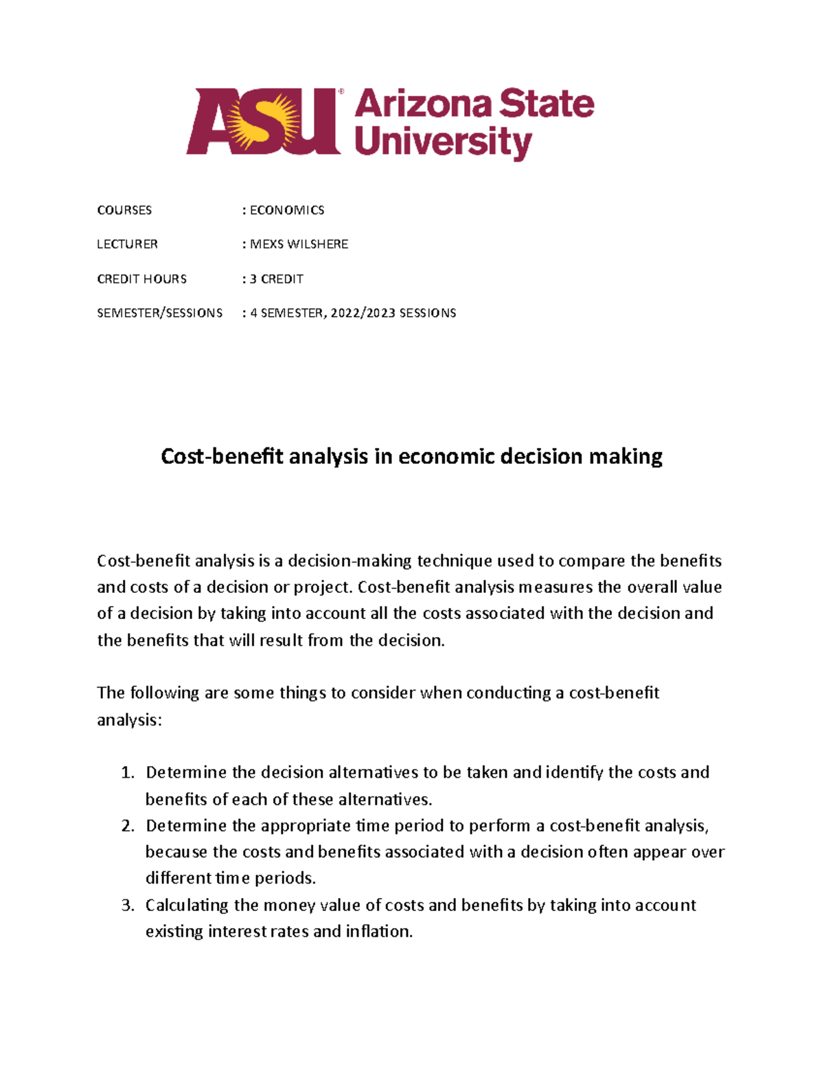 Cost-benefit analysis in economic decision making - COURSES : ECONOMICS ...