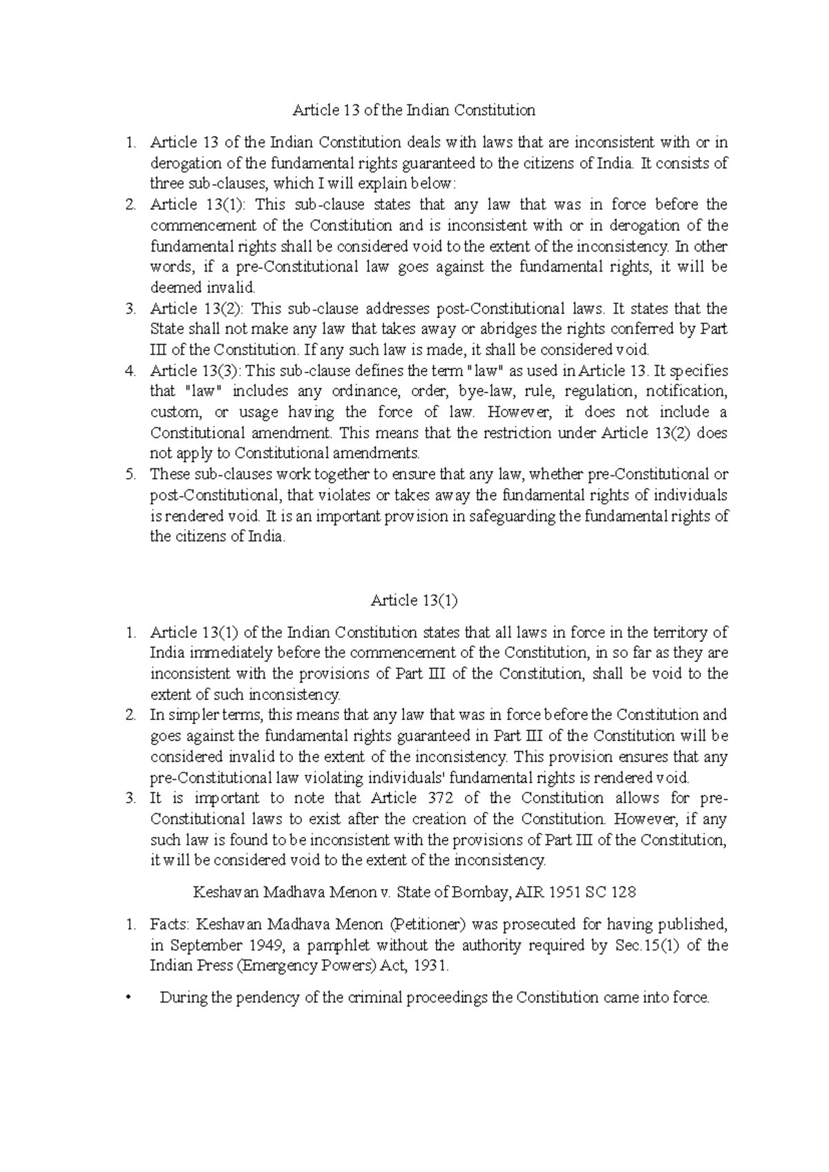 Constituional law 1 Notes - Article 13 of the Indian Constitution 1 ...