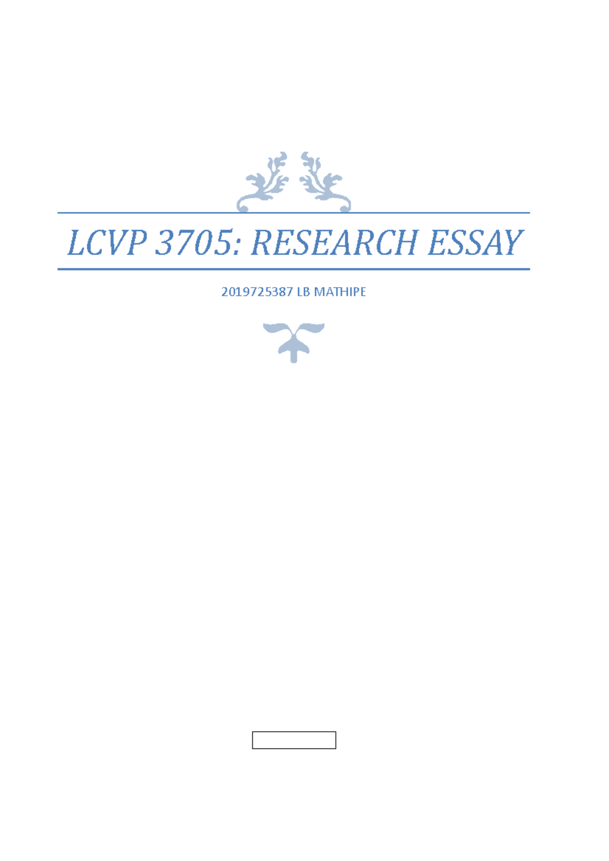 LCVP Assignment Final - I tried hey - LCVP 3705: RESEARCH ESSAY ...
