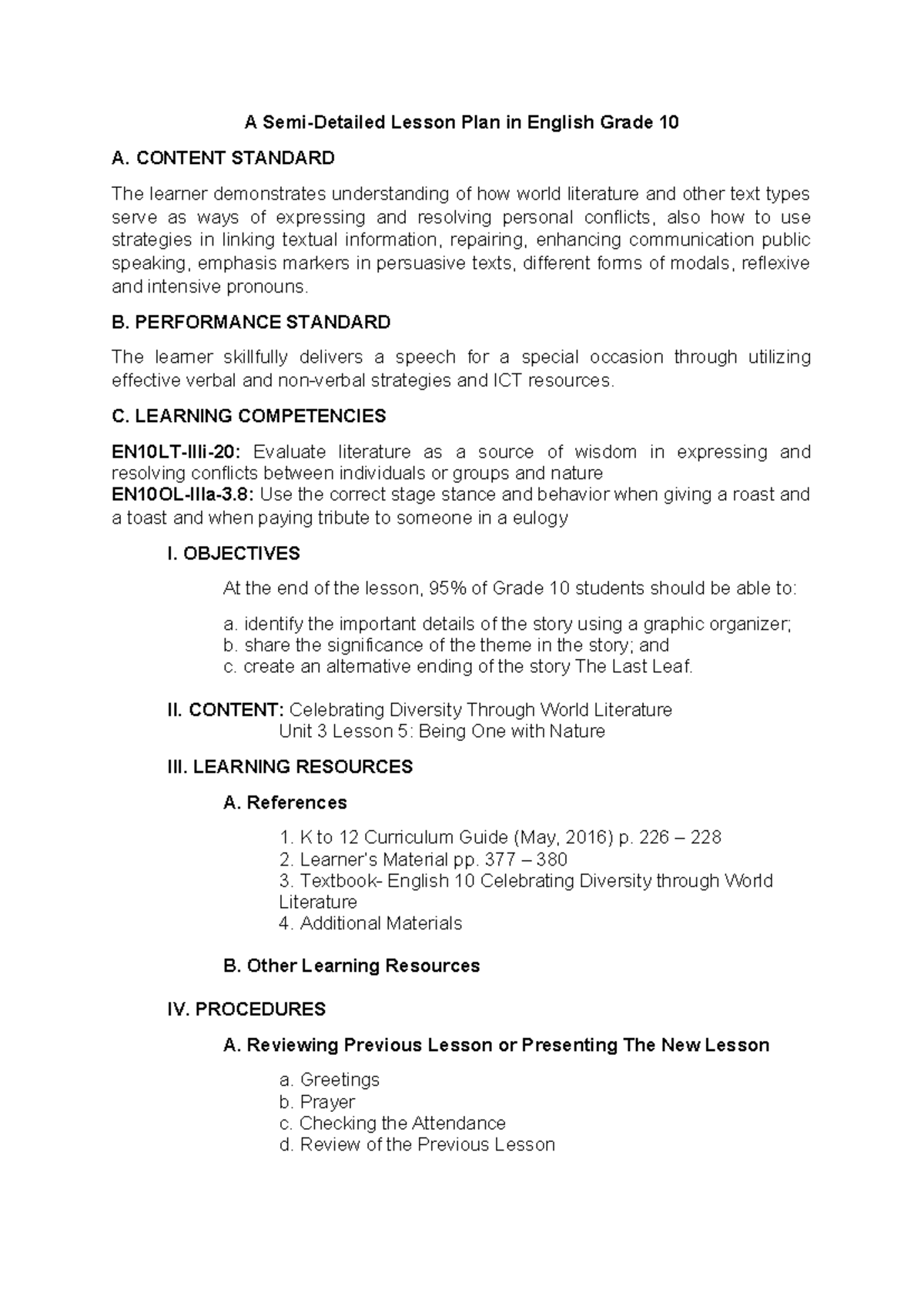 THE LAST LEAF-SEMI Detailed Lesson Plan - A Semi-Detailed Lesson Plan ...