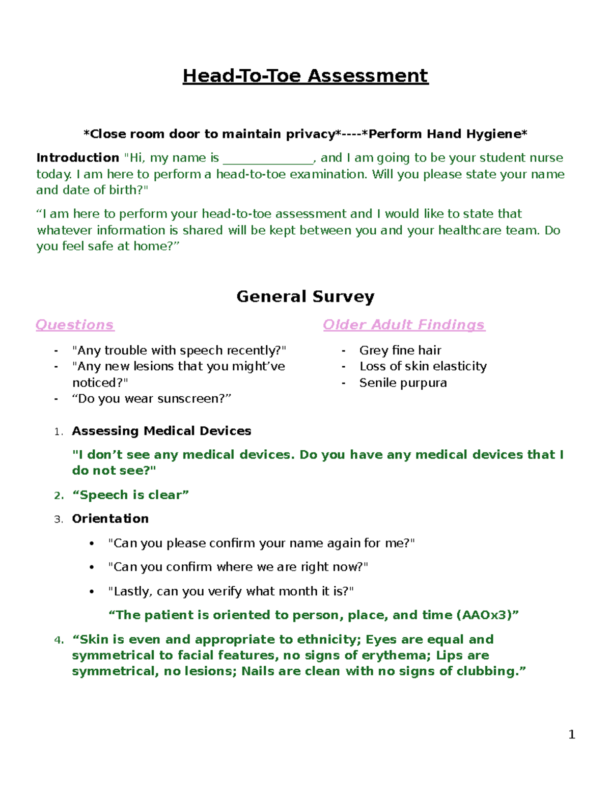 Head-To-Toe Assessment - Head-To-Toe Assessment Close room door to ...