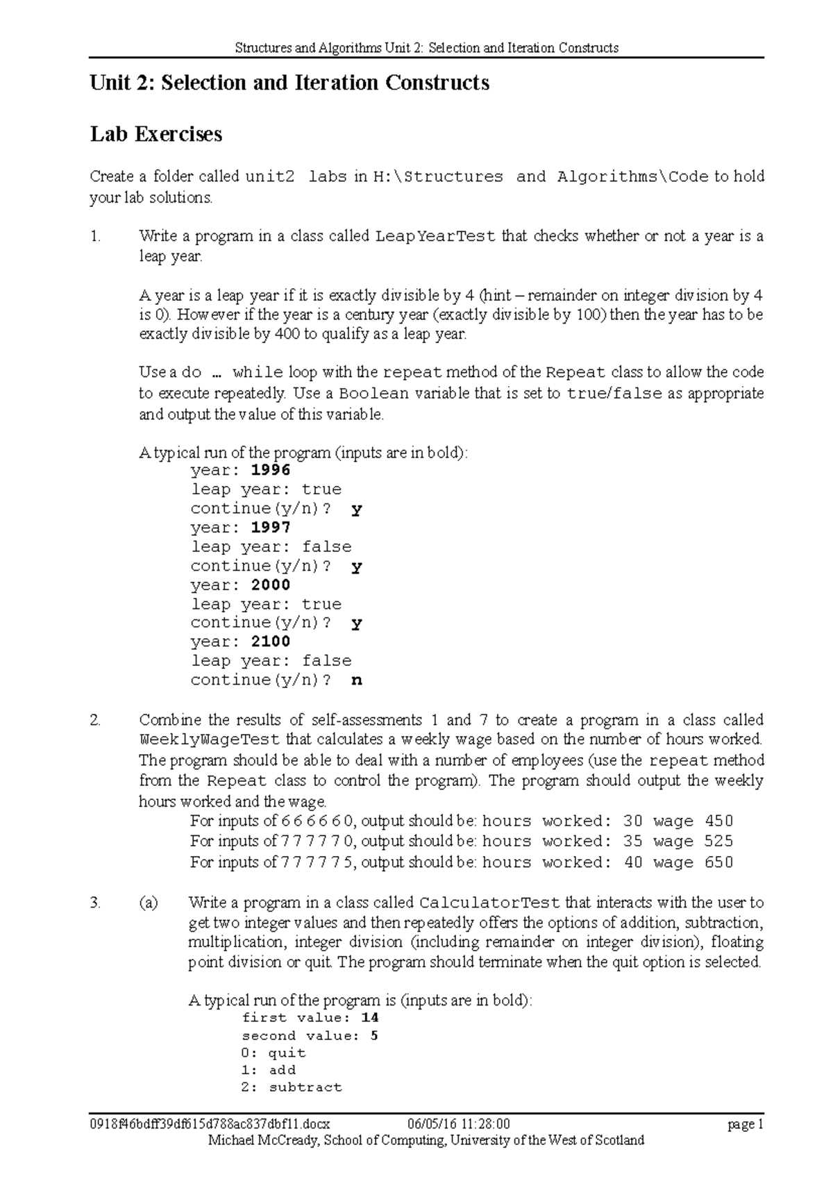 Unit2 Lab Exercises Structures And Algorithms Unit 2 Selection And Iteration Constructs Unit