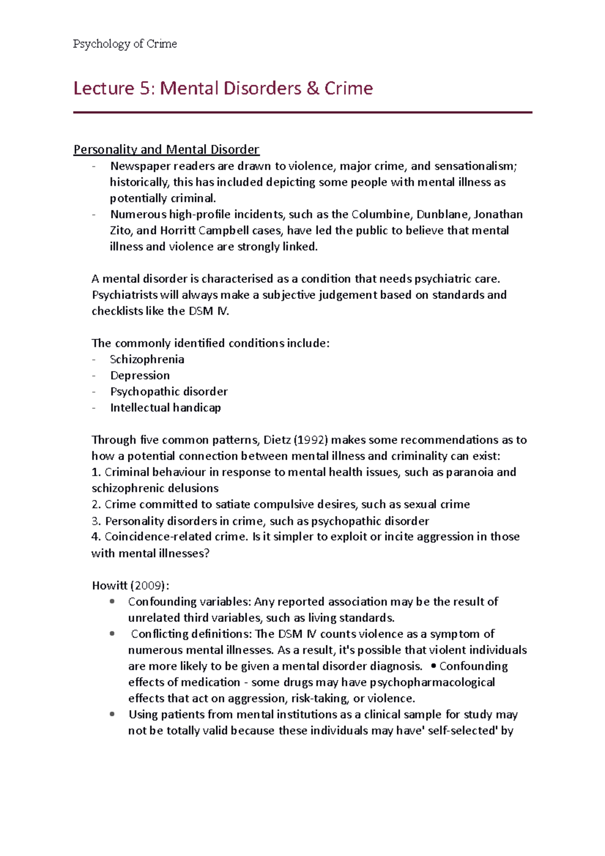 POC: Mental Disorders - lecture notes with additional reading notes ...