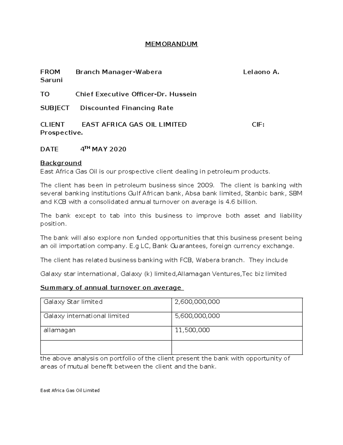 Eagol Proposal - It works - MEMORANDUM FROM Branch Manager-Wabera ...