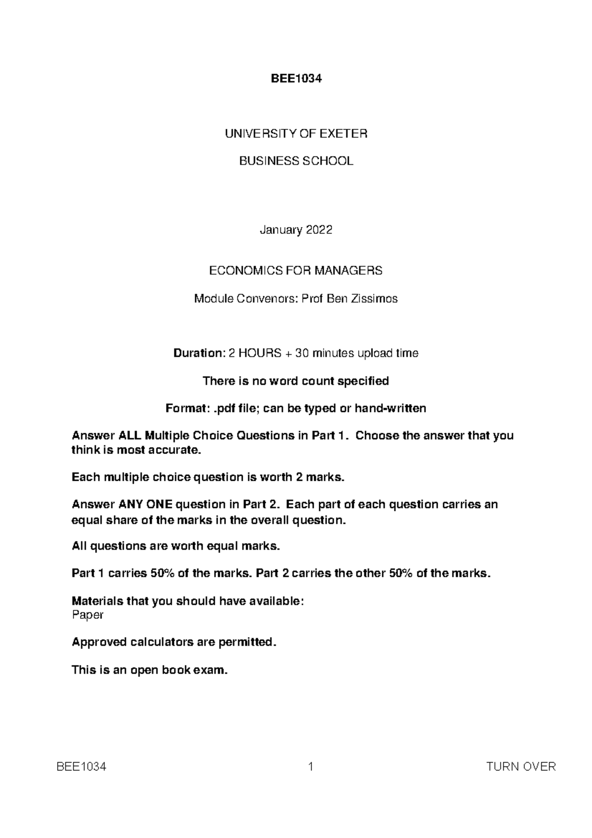 BEE1034-Exam Paper BEE1034-22JAN RS - BEE UNIVERSITY OF EXETER BUSINESS SCHOOL January 2022 ...
