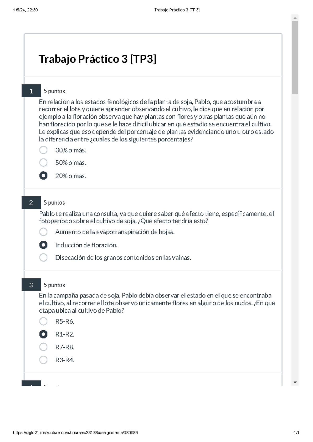 TP3 75% produccion vegetal - 5 puntos En relación a los estados fenológicos de la planta de soja ...