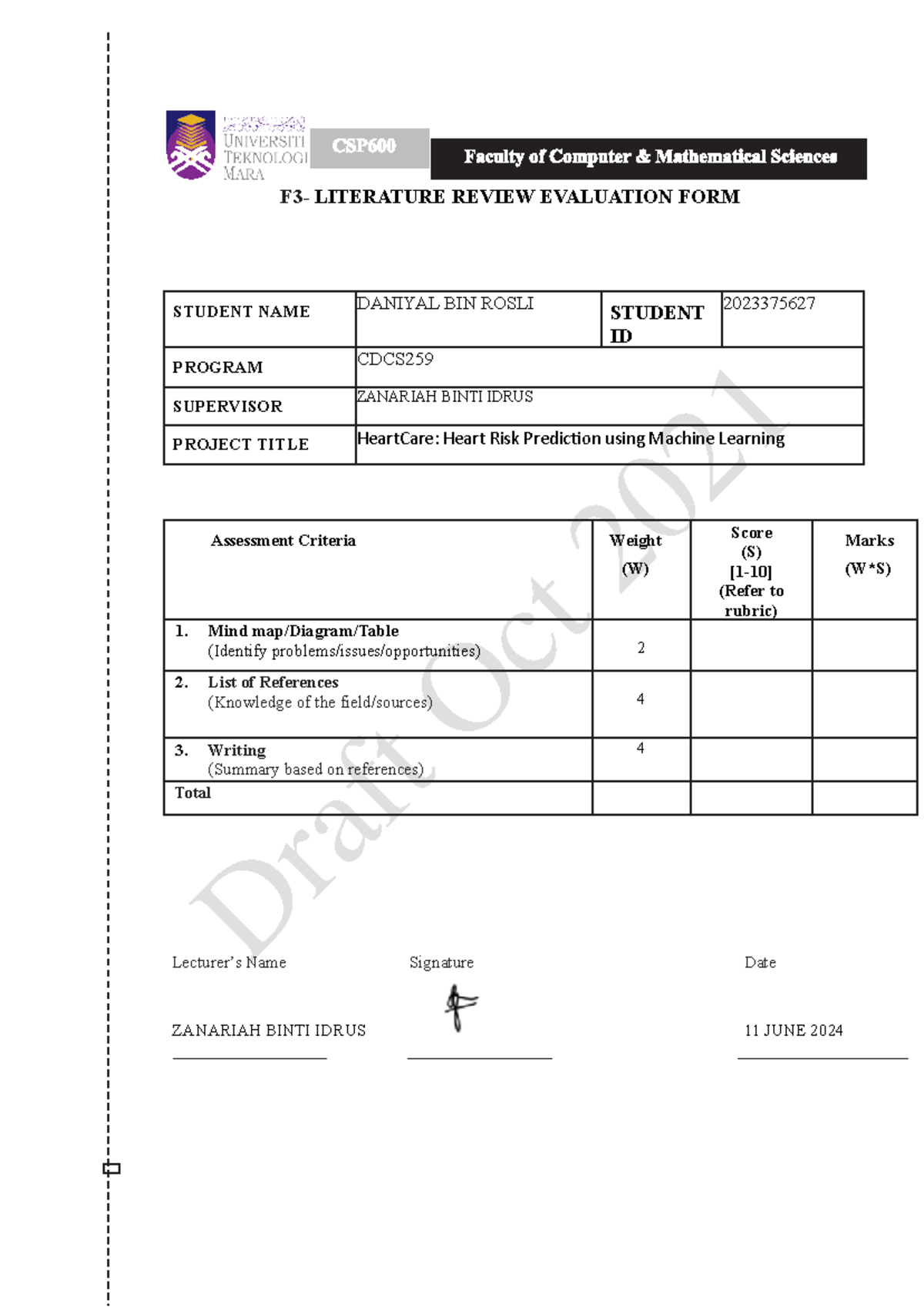 Forms ( Daniyal BIN Rosli) 3 & 4 - Draft Oct 2021 F3- LITERATURE REVIEW ...