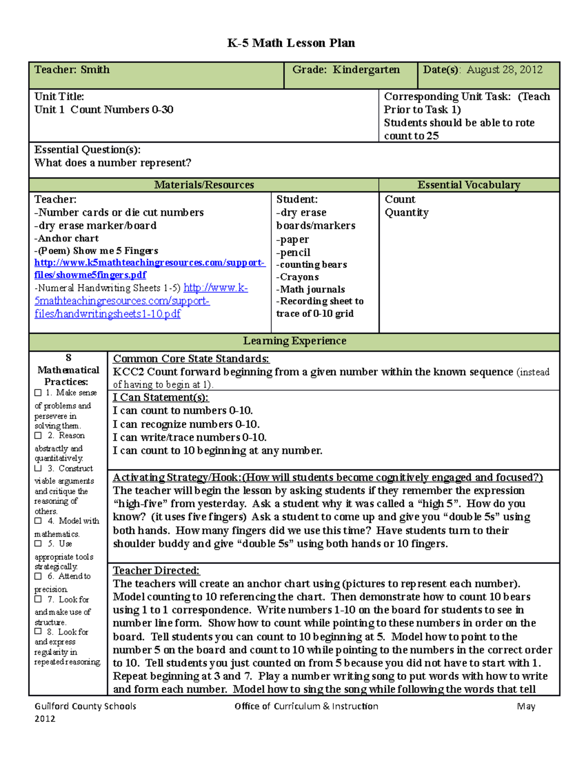 Unit Lesson Plan Homework Part 2 Of 3 K 5 Math Lesson Plan Teacher