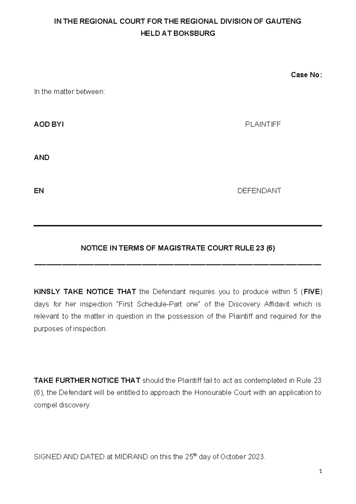 Discovery Notice - IN THE REGIONAL COURT FOR THE REGIONAL DIVISION OF ...