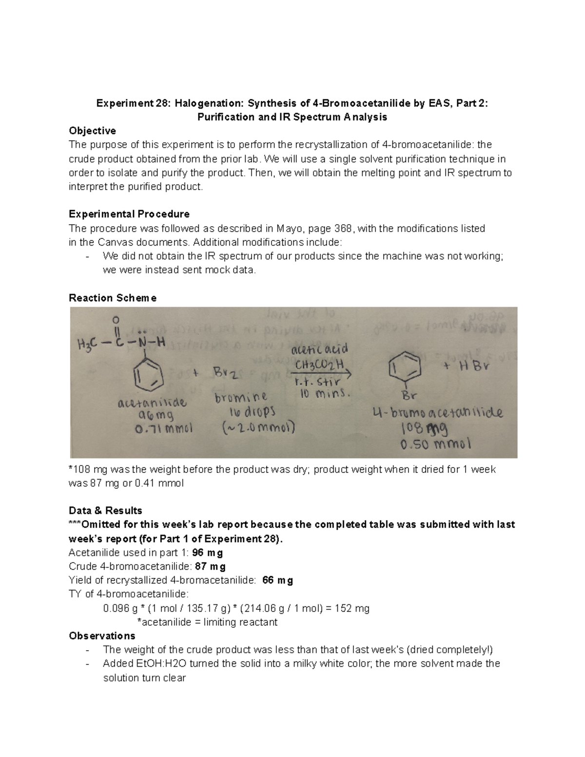 Module 3 lab report - Halogenation: Synthesis of 4-Bromoacetanilide by ...