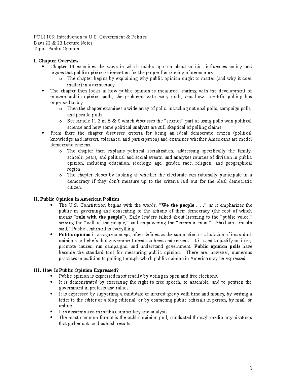 Days 22 & 23 Public Opinion - POLI 103: Introduction to U. Government ...
