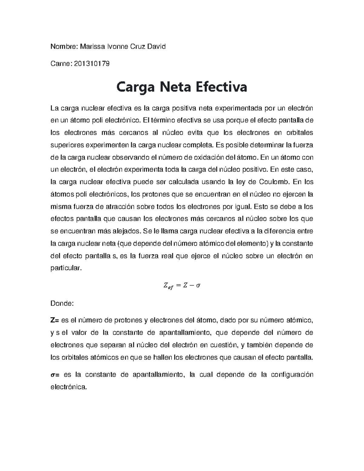 Carga Neta Efectiva - Nombre: Marissa Ivonne Cruz David Carne ...