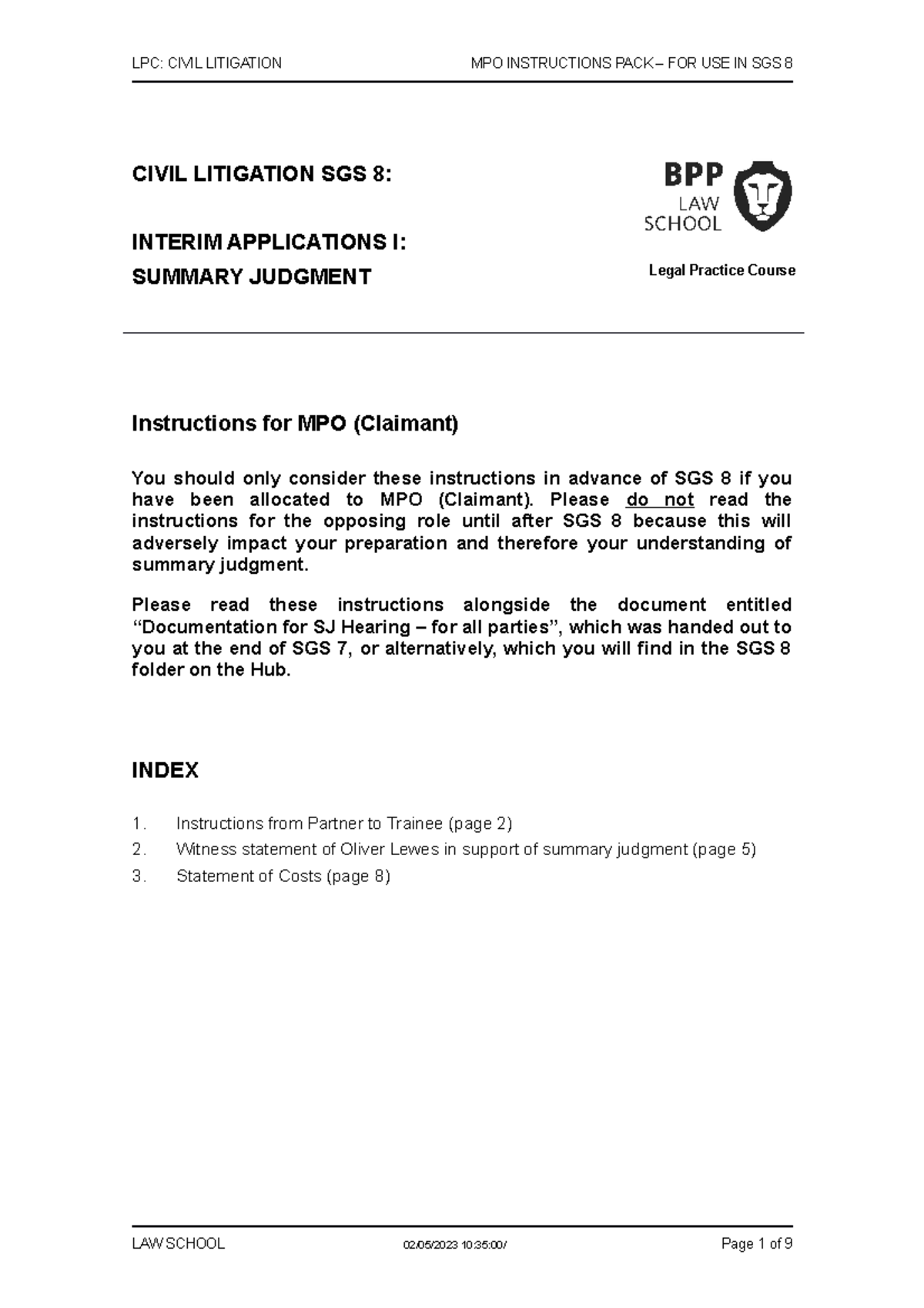 Civil Litigation SGS 8 MPO Instructions Pack 2023-24 - LPC: CIVIL ...