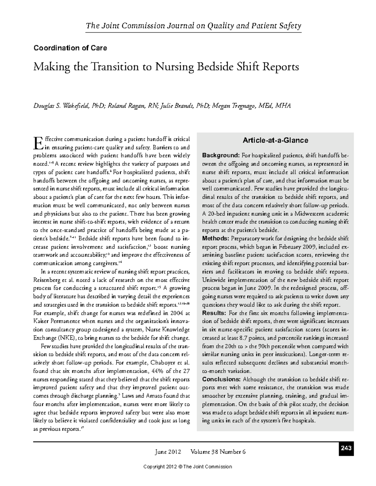 JCO BSR - BSSR - June 2012 Volume 38 Number 6 243 Douglas S. Wakefield ...
