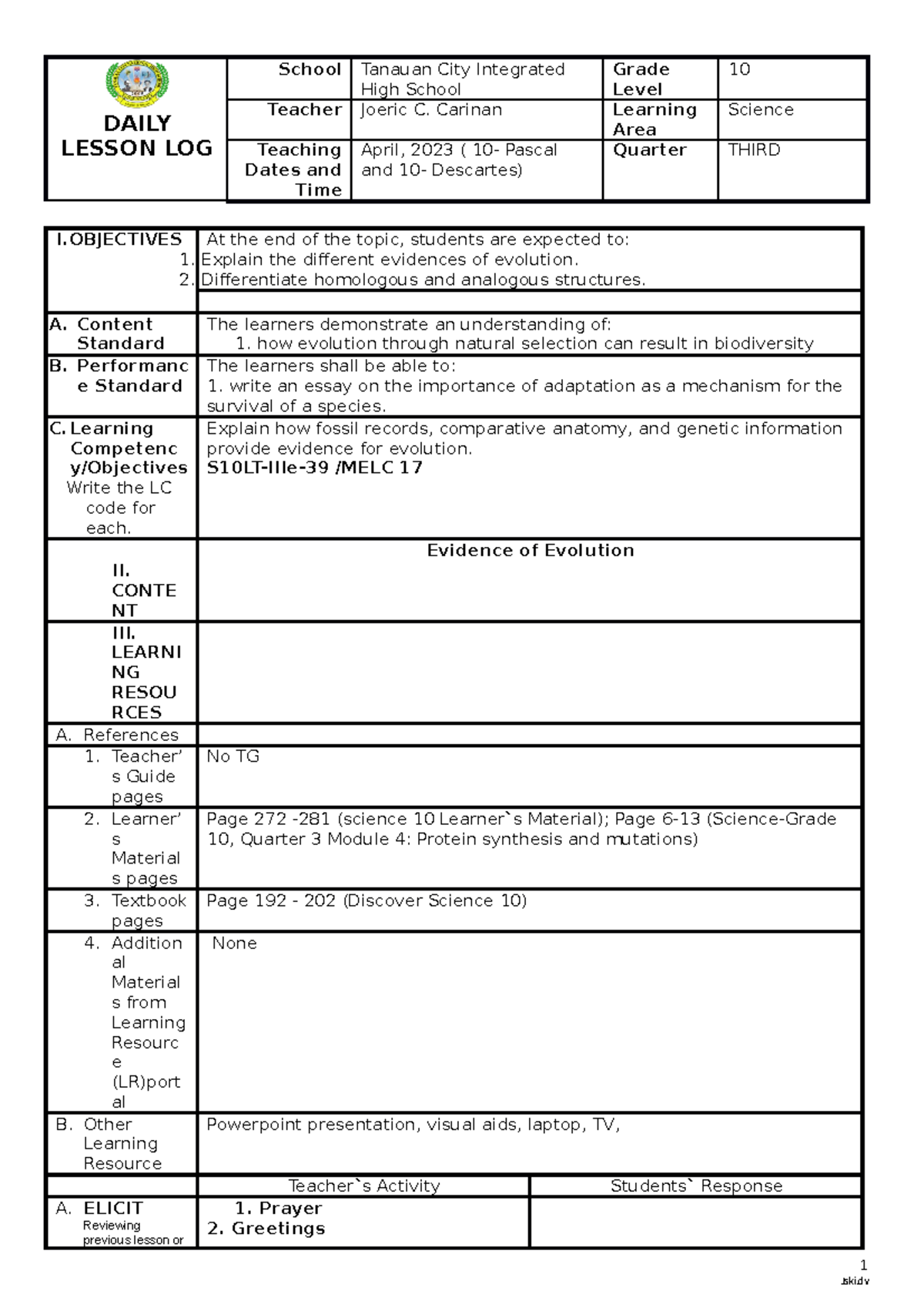 DLP Evidences OF Evolution - DAILY LESSON LOG School Tanauan City ...