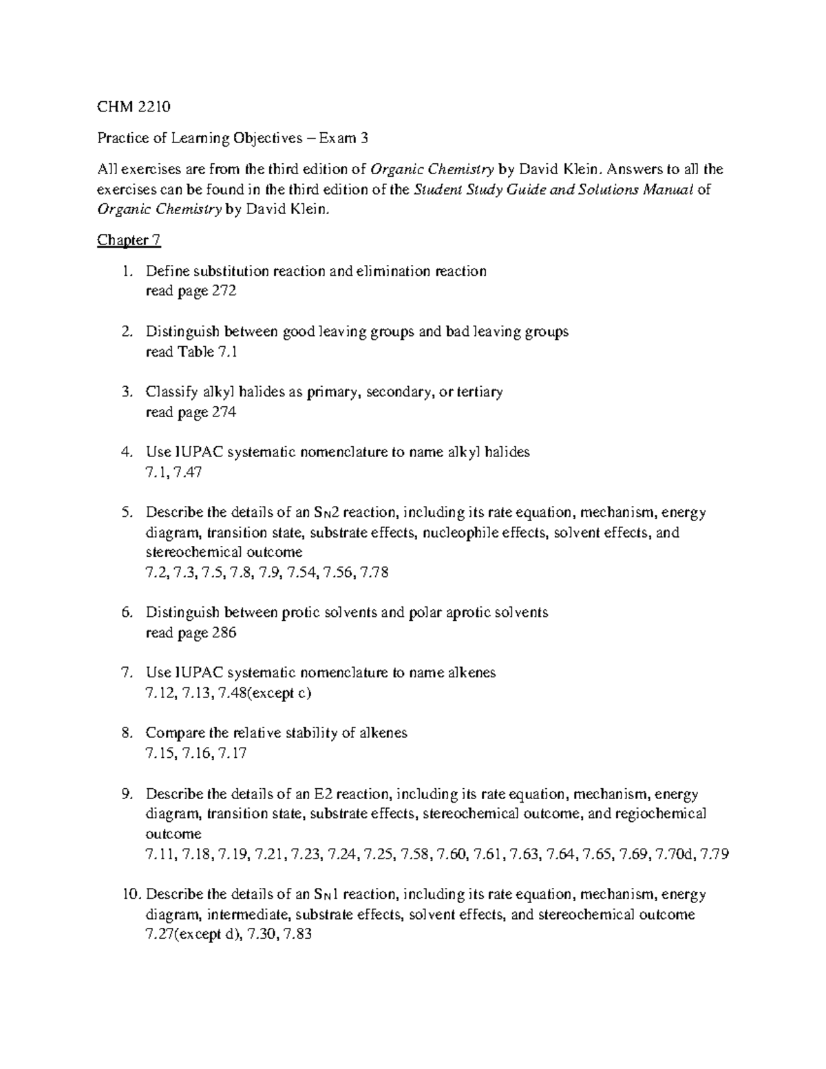 Practice of Learning Objectives - Exam 3 - CHM 2210 Practice of ...