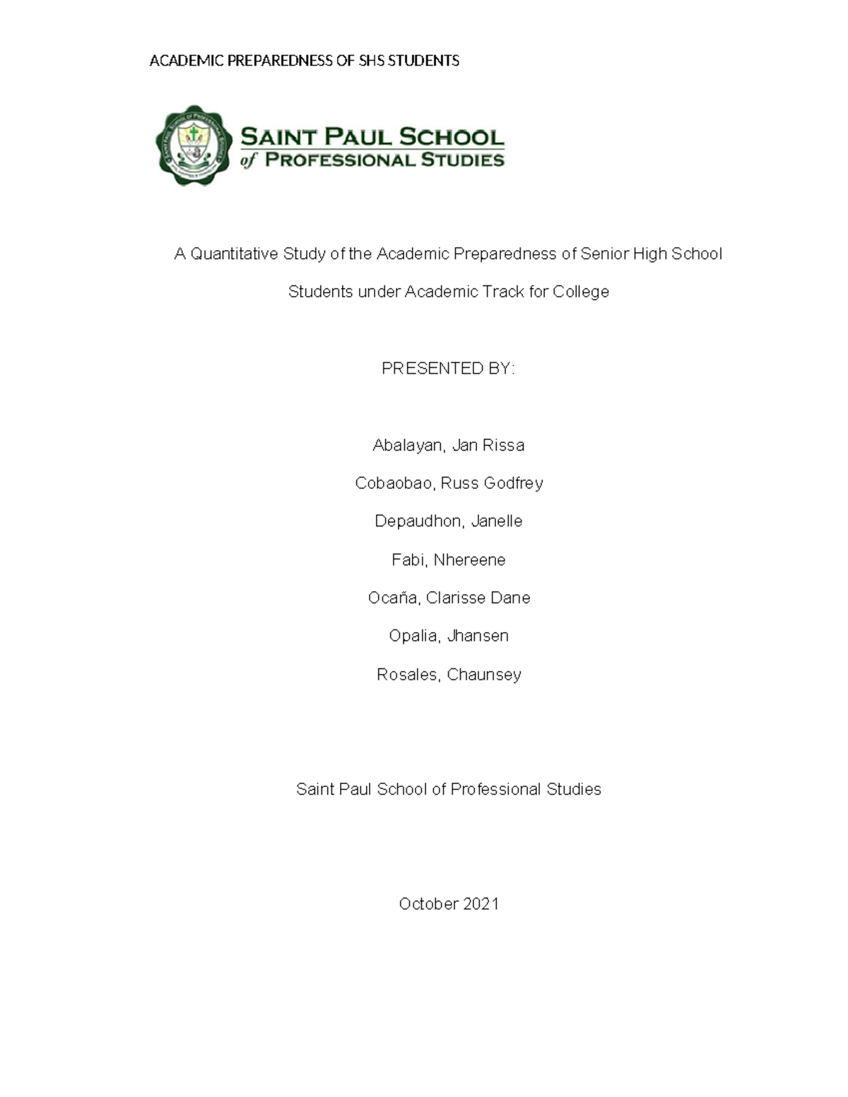 Academic Preparedness of SHS Students - A Quantitative Study of the ...